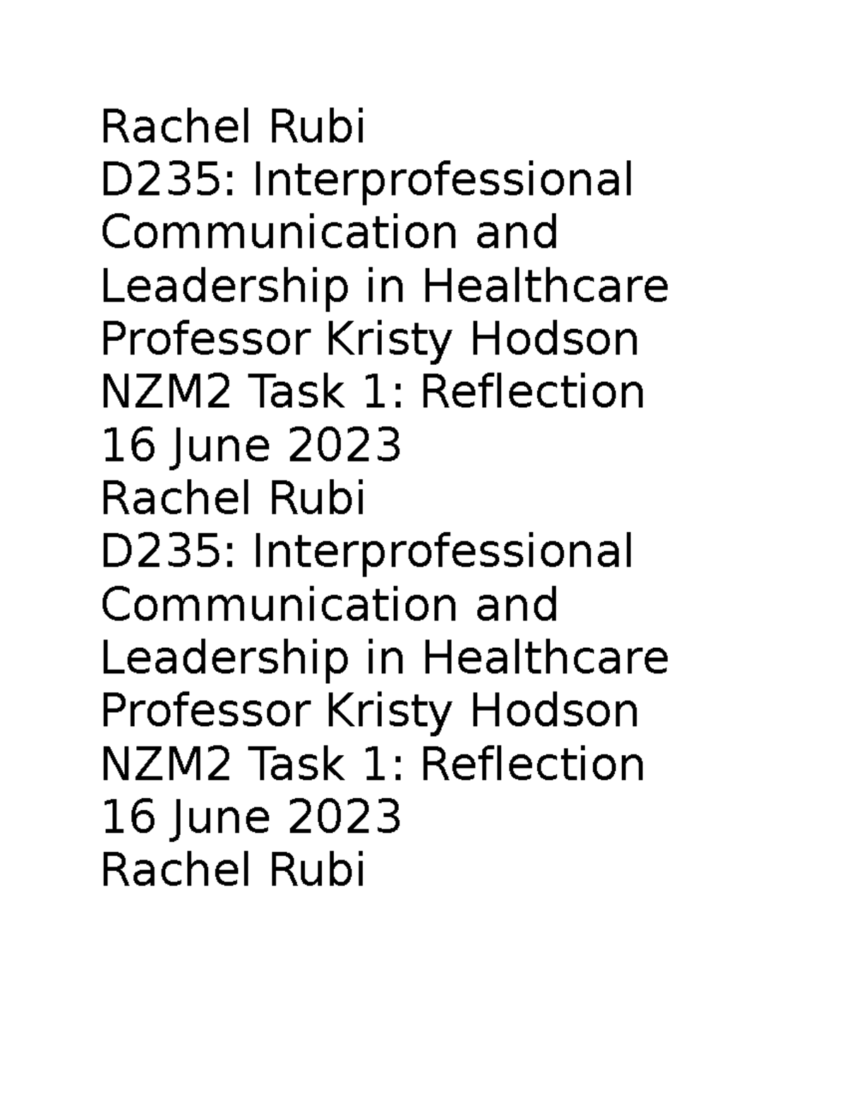 NZM2 Task 1: Reflection - Rachel Rubi D235: Interprofessional ...
