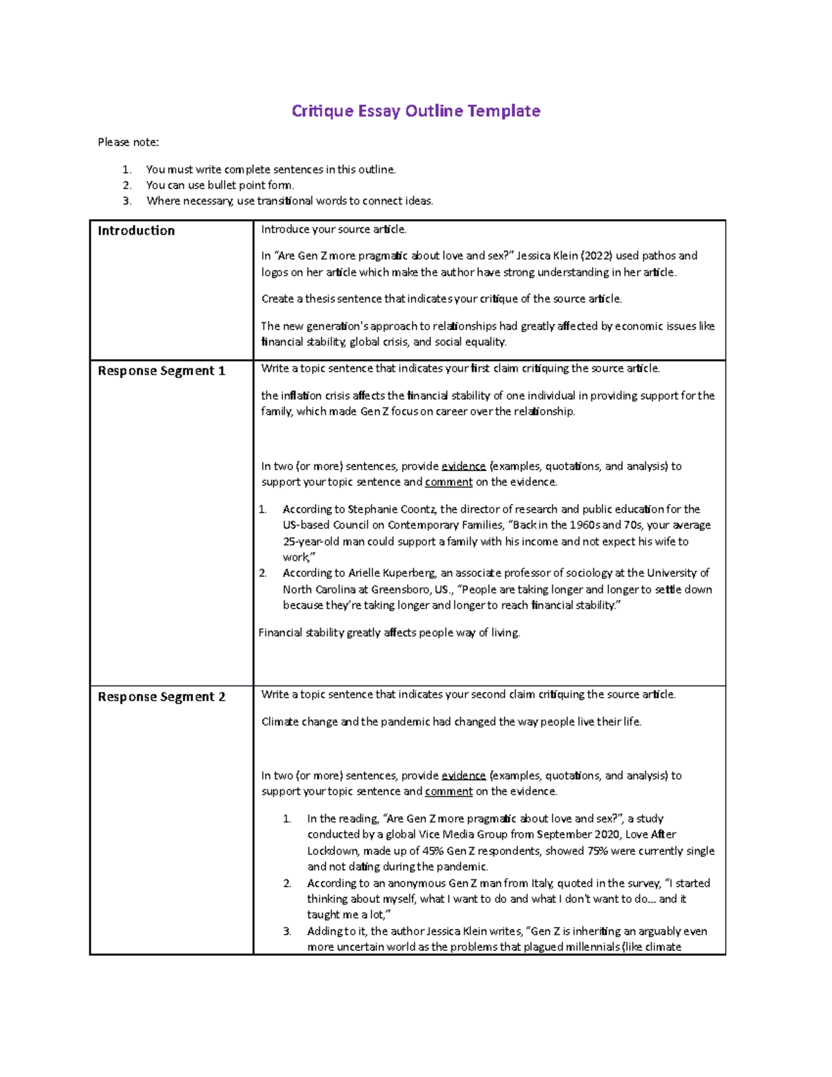 Outline Template Critique Essay - Critique Essay Outline Template ...