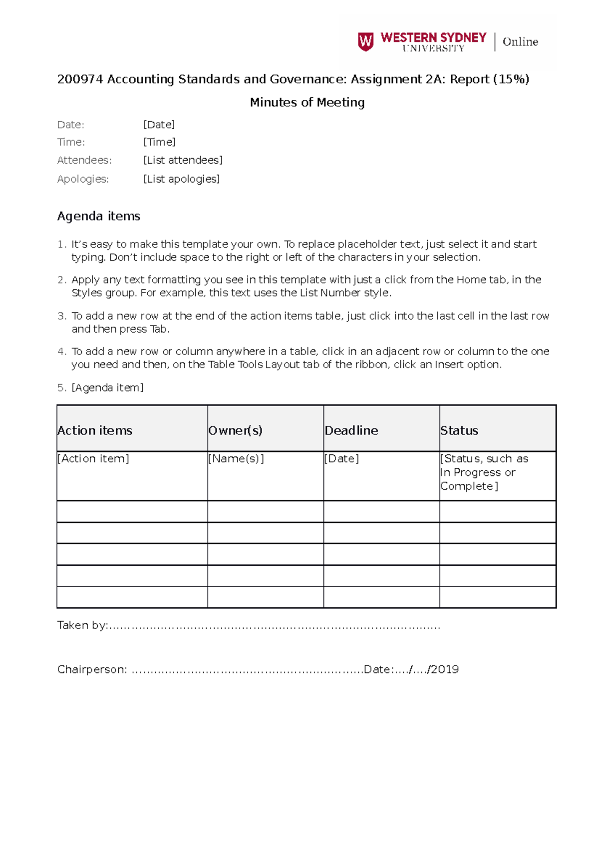 Meeting minutes - Template - 200974 Accounting Standards and Governance ...