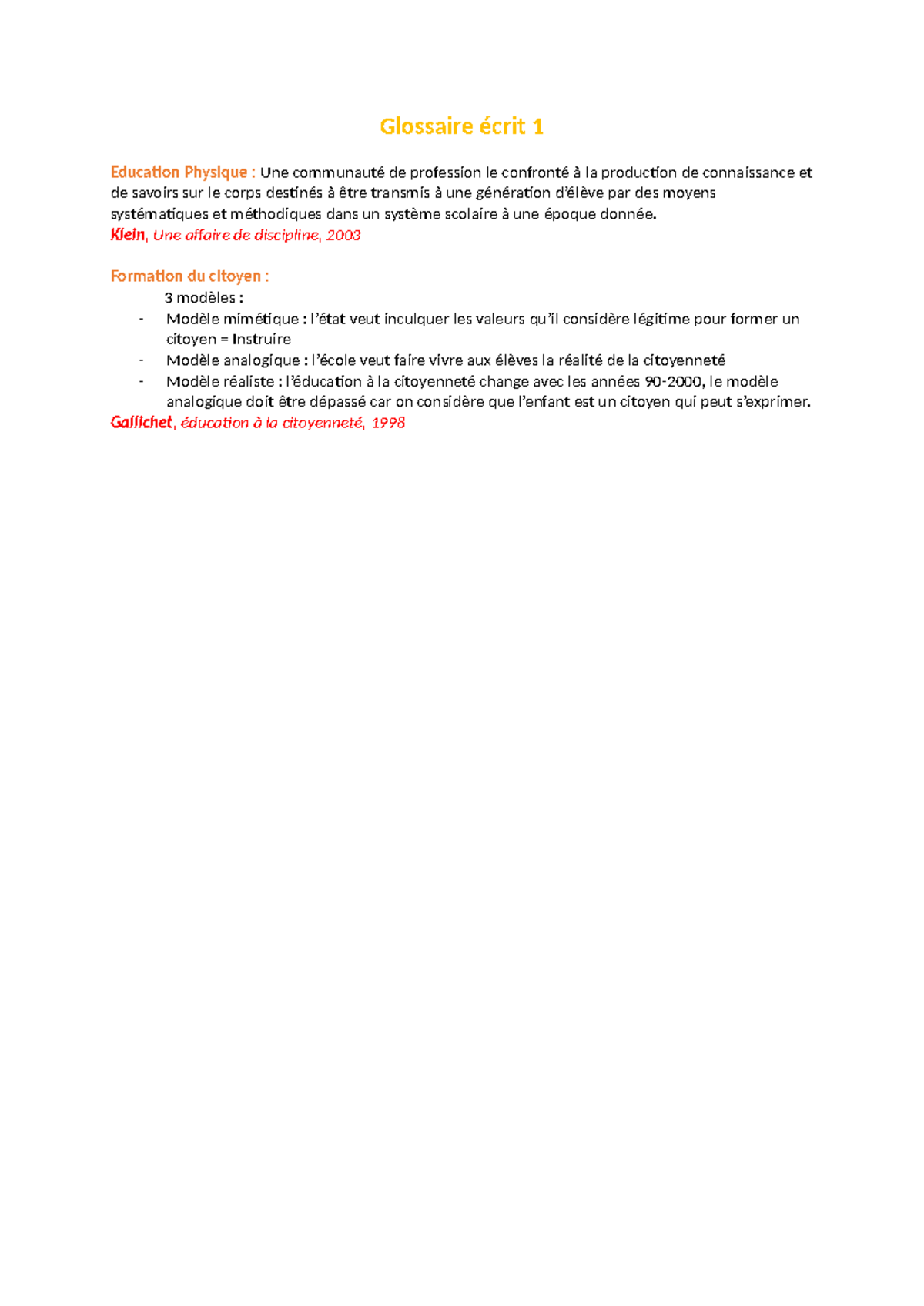 Glossaire écrit 1 - Glossaire écrit 1 Education Physique : Une ...