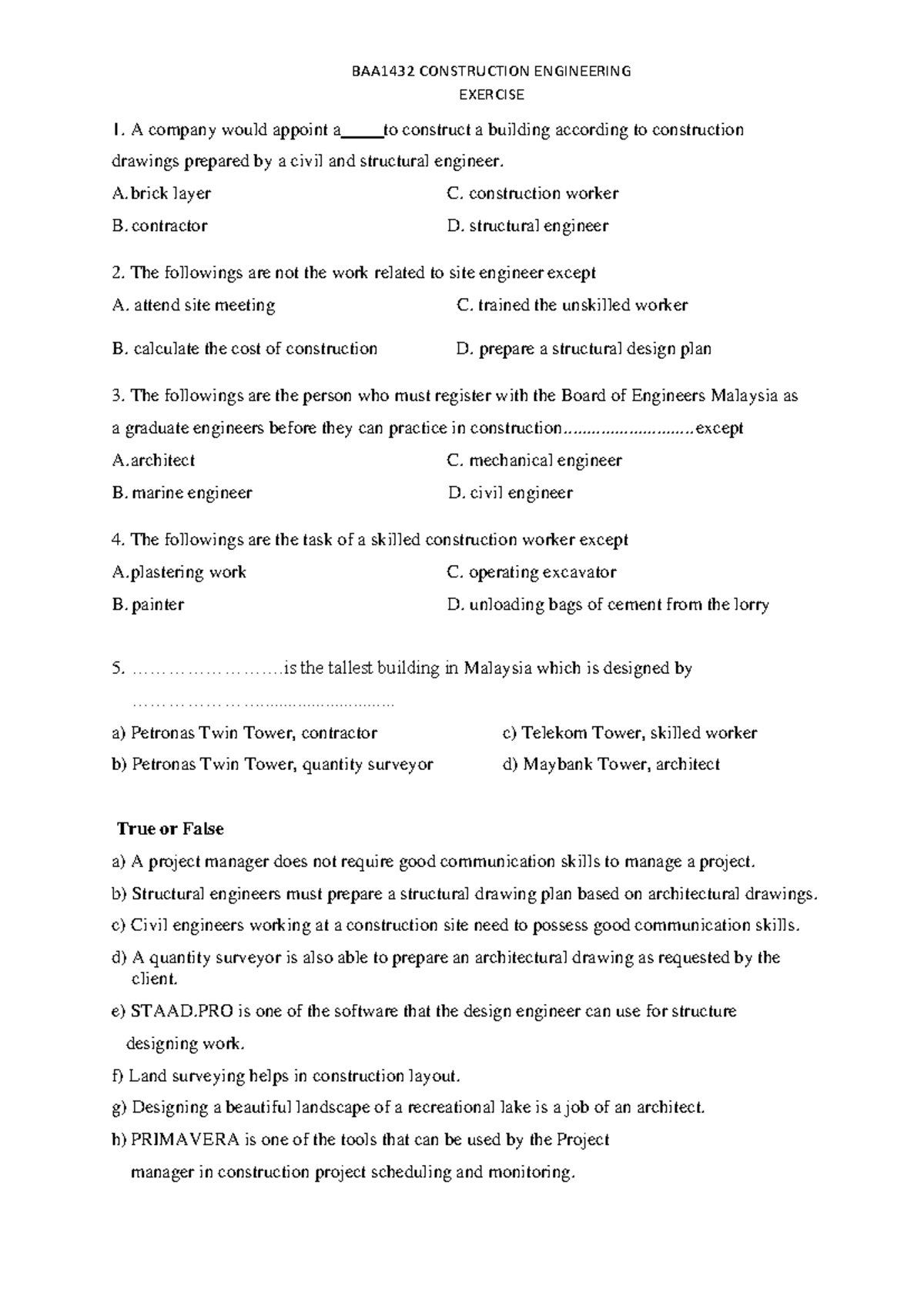 Week 1 -Exercise - .... - BAA1432 CONSTRUCTION ENGINEERING EXERCISE A ...