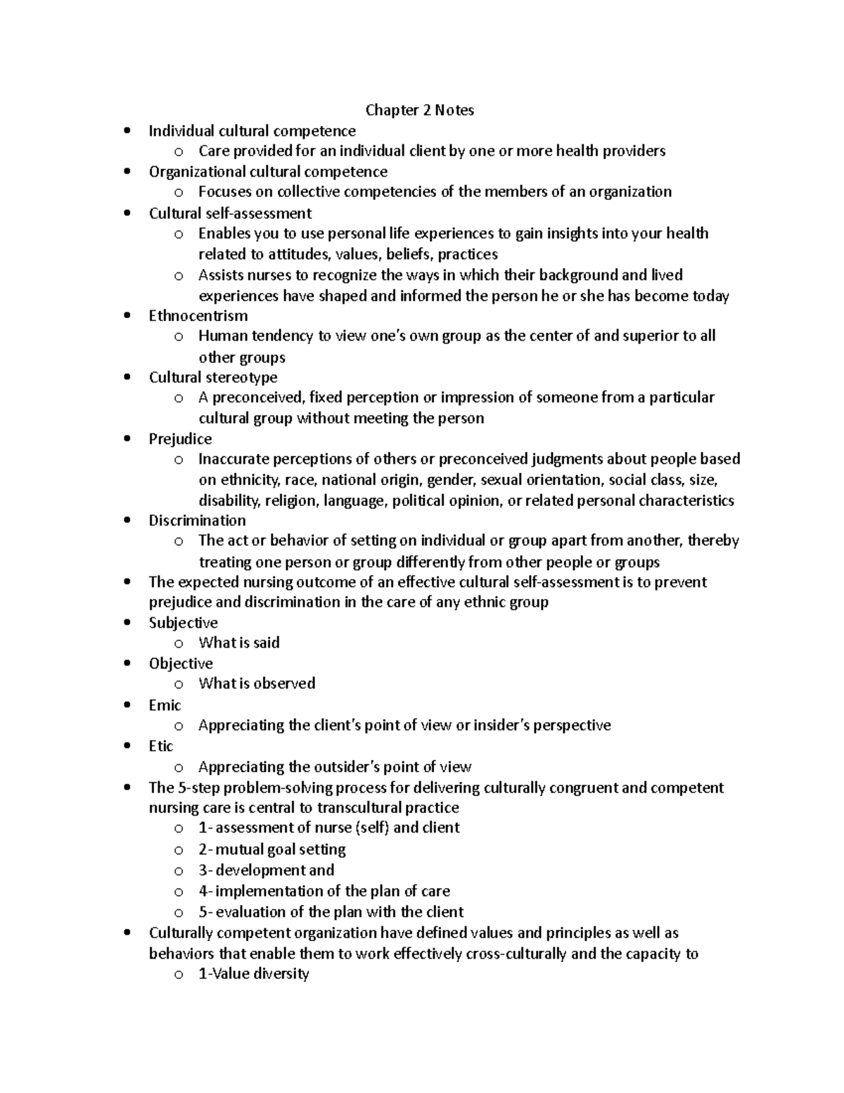Chapter 2 Notes - Chapter 2 Notes Individual cultural competence o Care ...