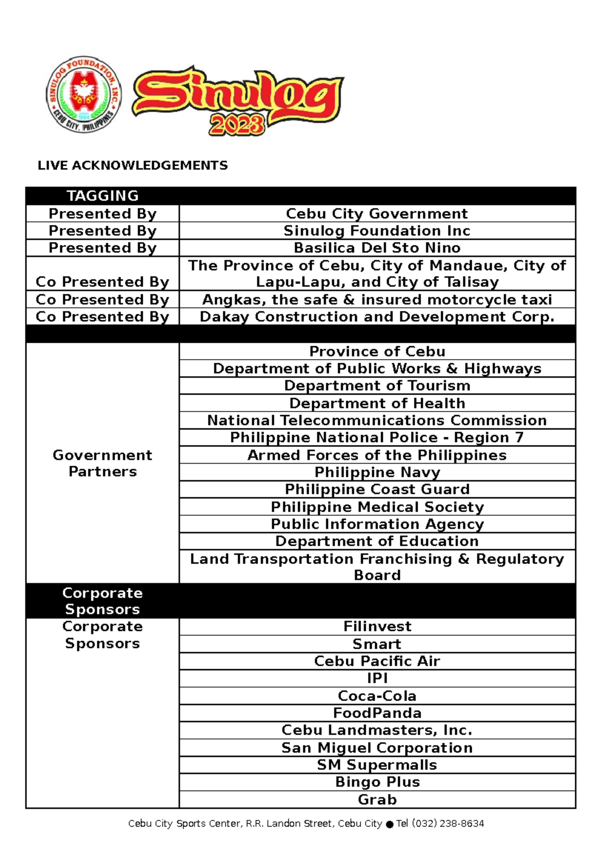 Live Acknowledgements for Sinulog Programs - LIVE ACKNOWLEDGEMENTS ...