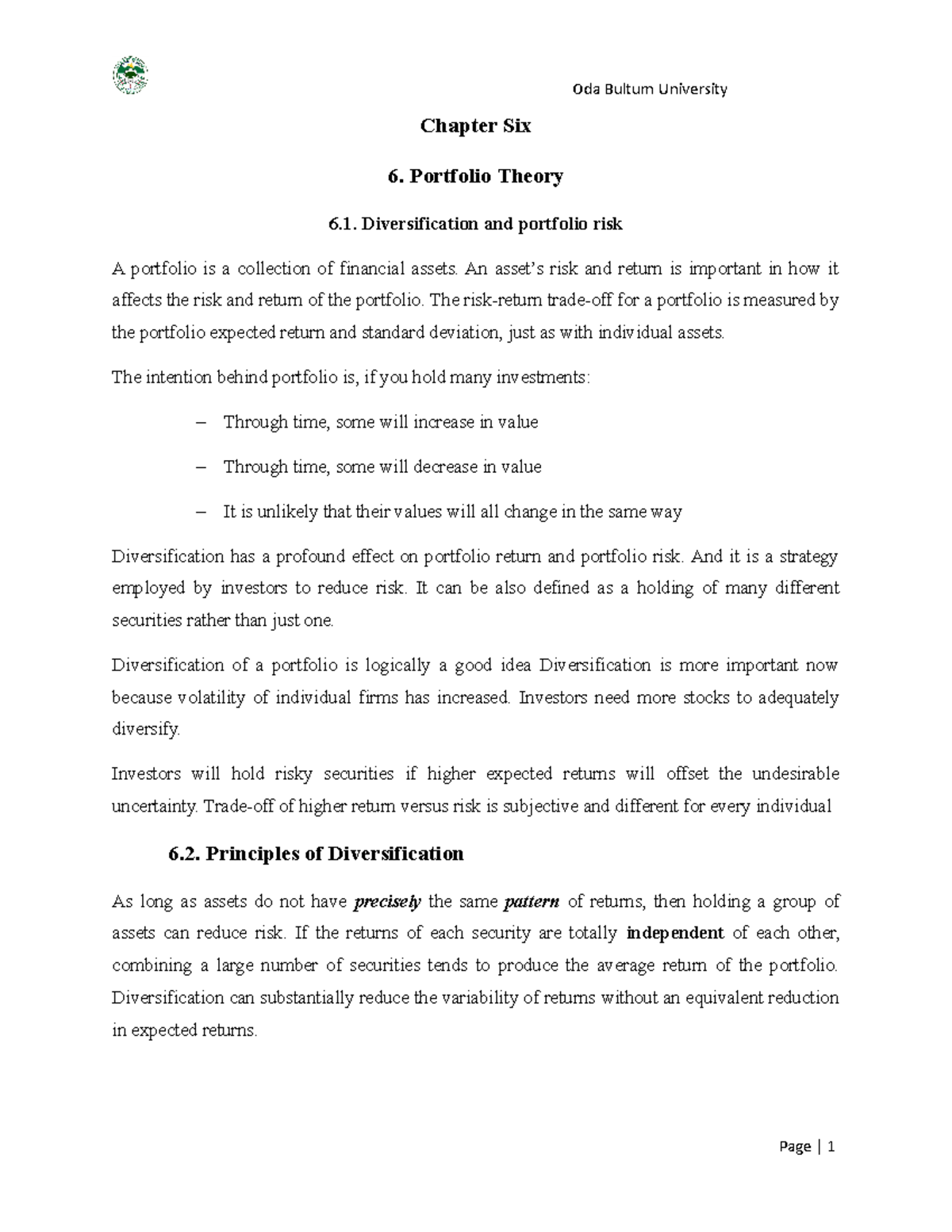 Chapter 6 - AIS - Chapter Six 6. Portfolio Theory Diversification and ...