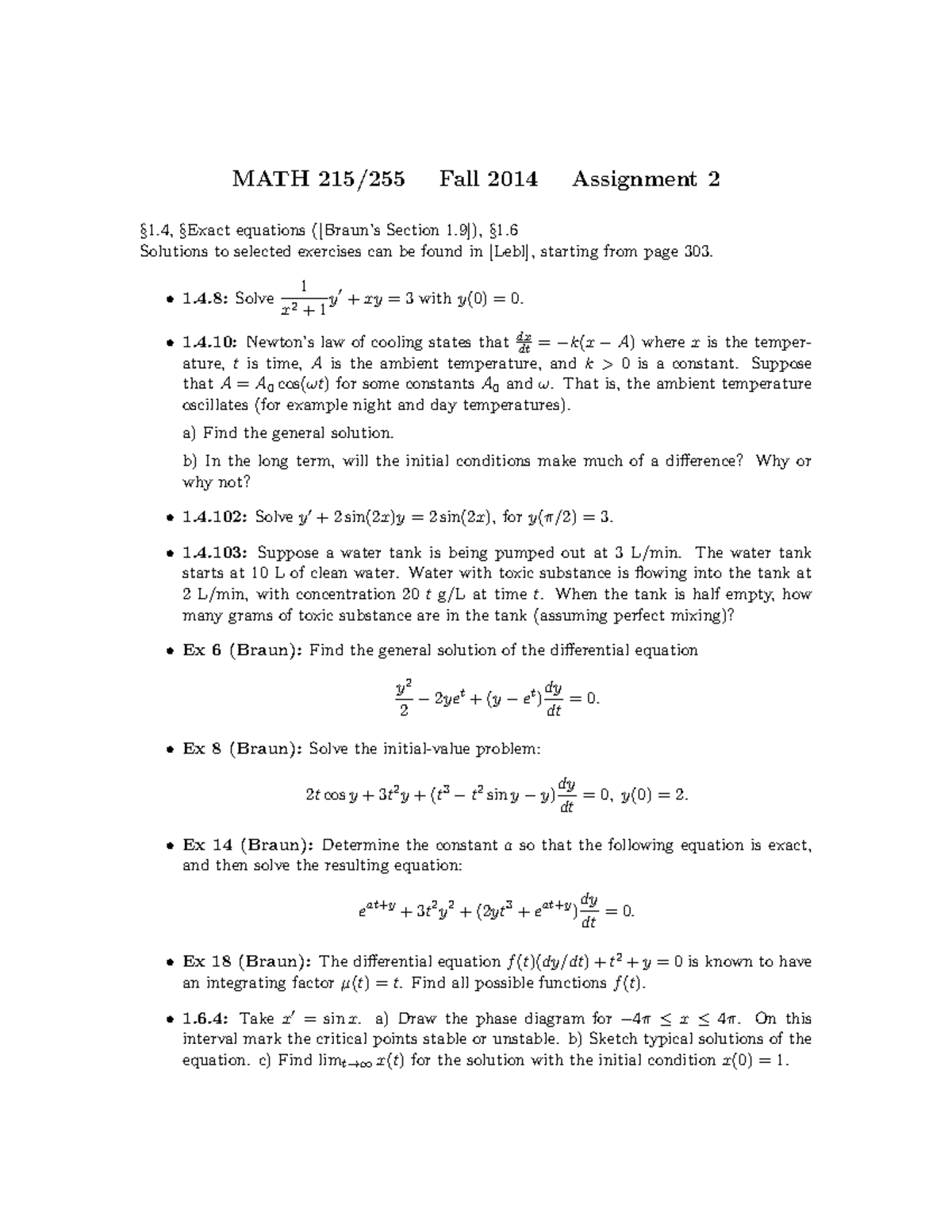 H2 - Practice homework 2 - MATH 215/255 Fall 2014 Assignment 2 §1 ...