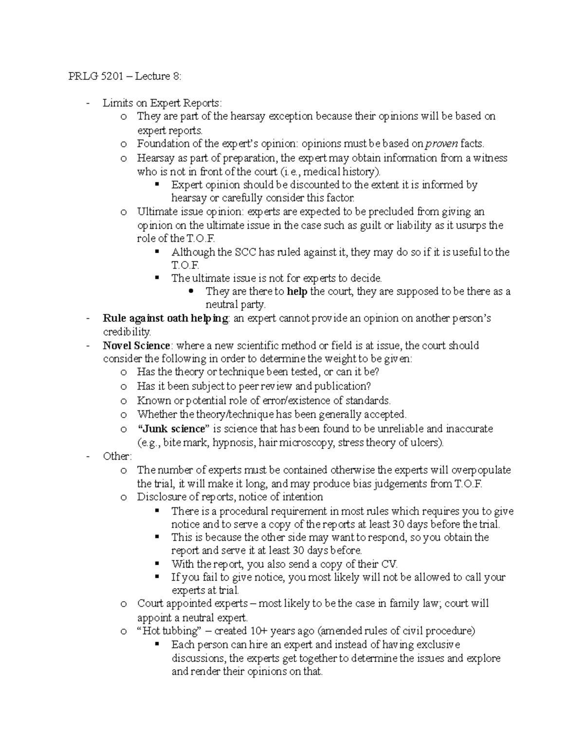 Lecture 7 - opinion evidene - PRLG 5201 – Lecture 8: - Limits on Expert ...