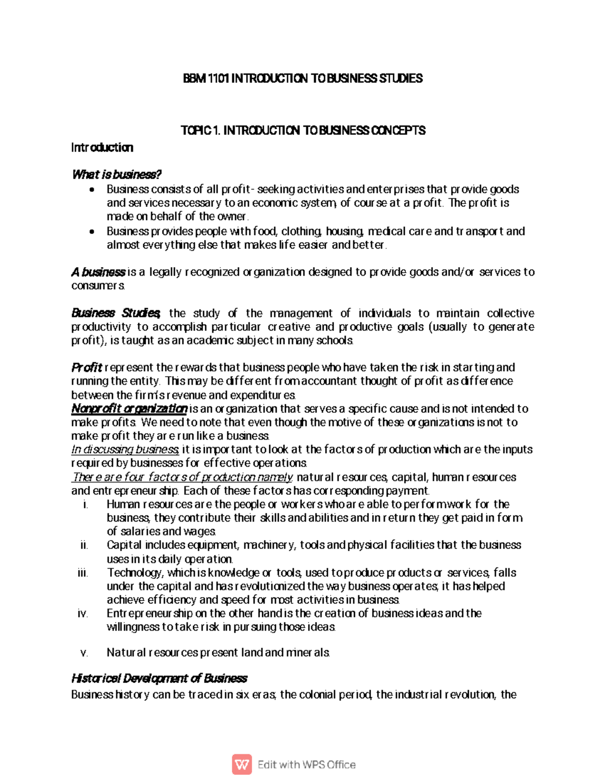 Business Studies 1 - BBM 1101 INTRODUCTIONTOBUSINESSSTUDIES TOPIC 1 ...