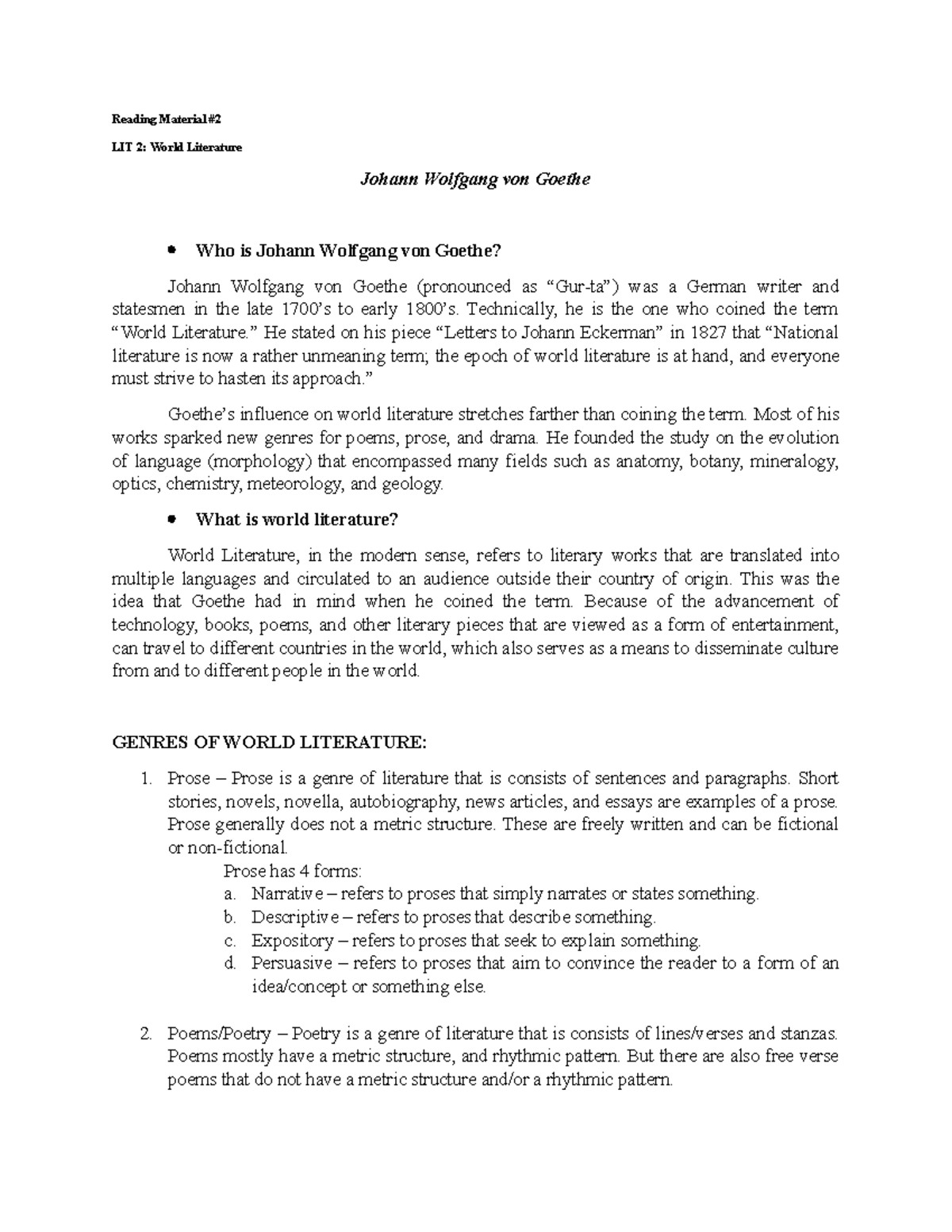 Goethe and World Literature - Reading Material # LIT 2: World ...
