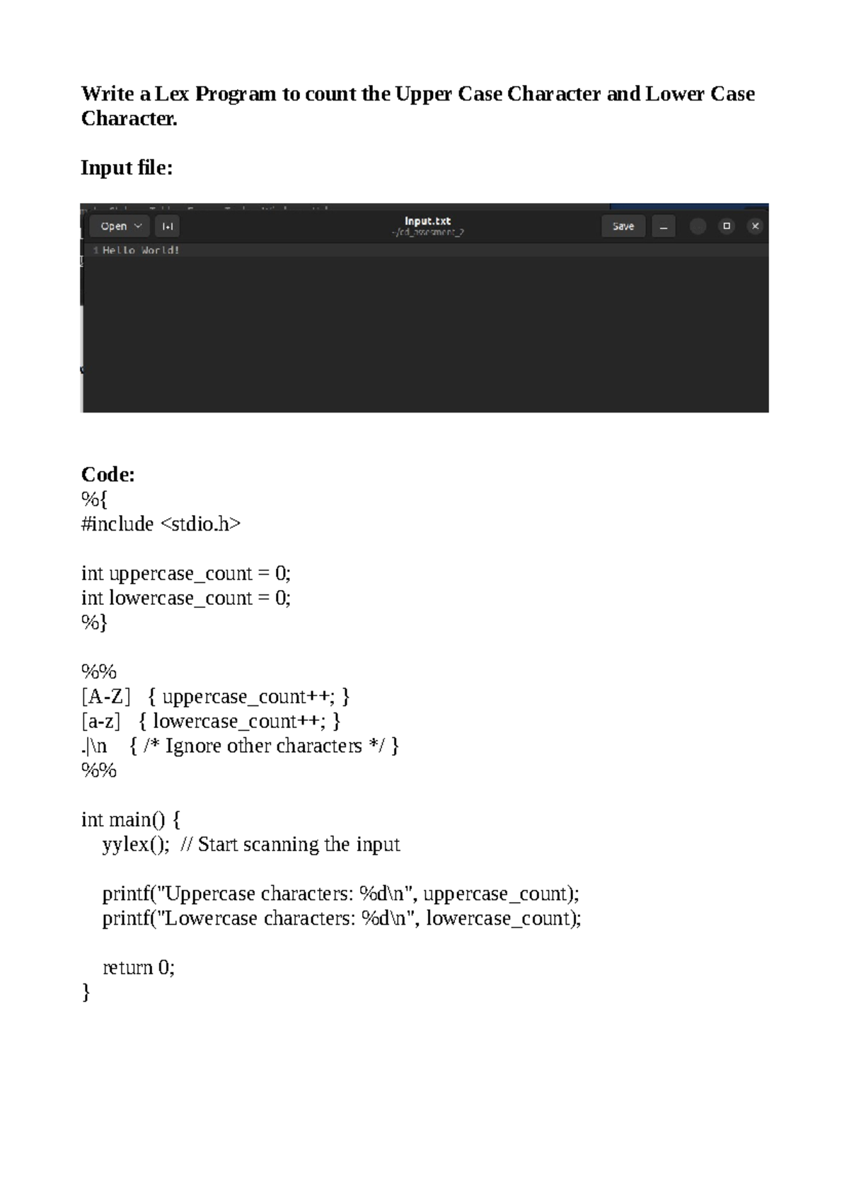 Count case 1 - Compiler Design - Write a Lex Program to count the Upper Case Character and Lower ...