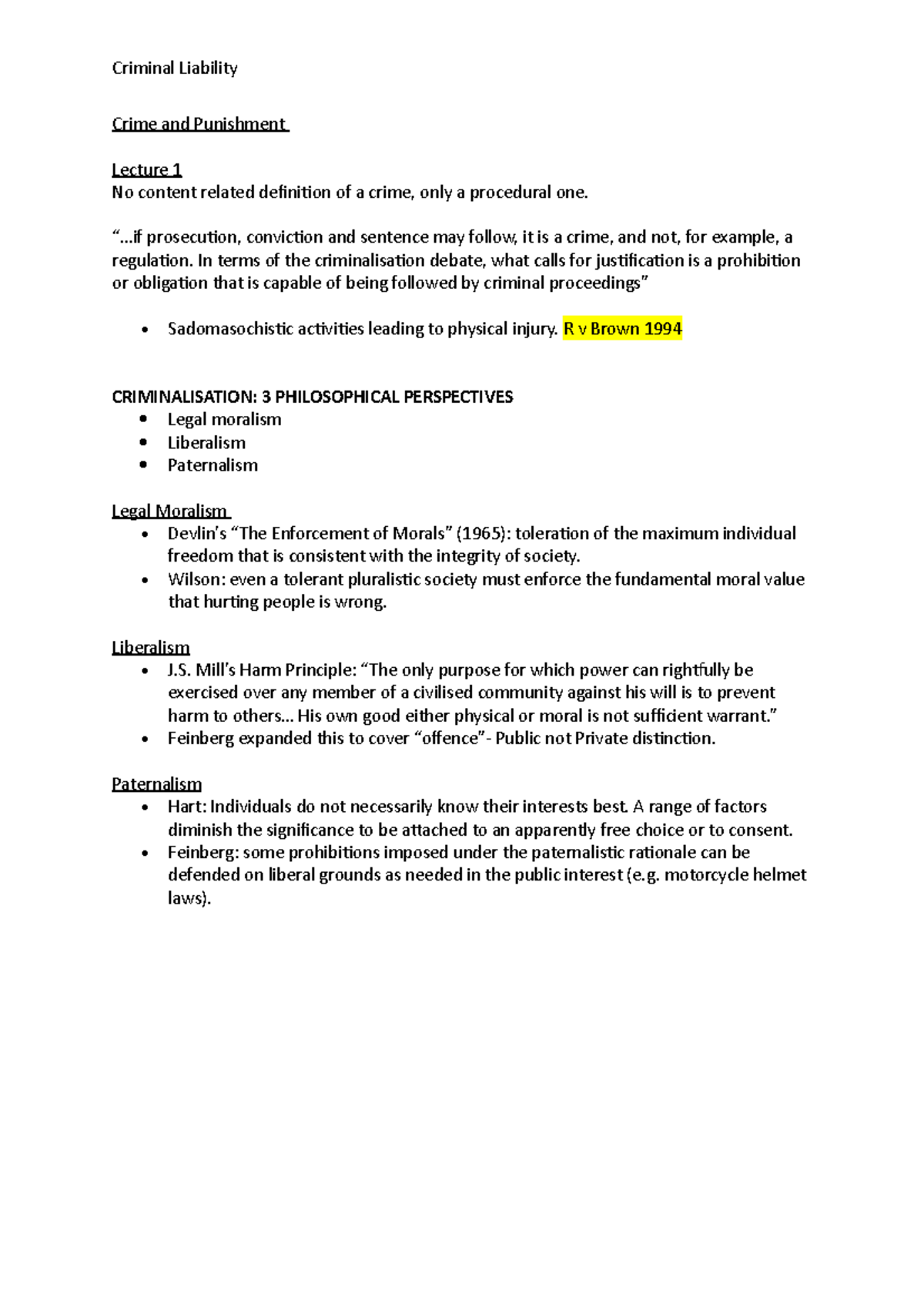 Criminal Law Notes Crime And Punishment Lecture 1 No Content Related