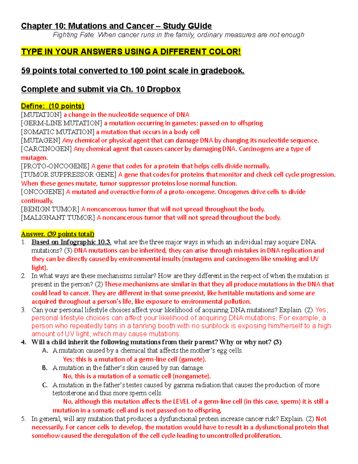 Ch. 10 Study Guide - N/A - Chapter 10: Mutations and Cancer – Study ...