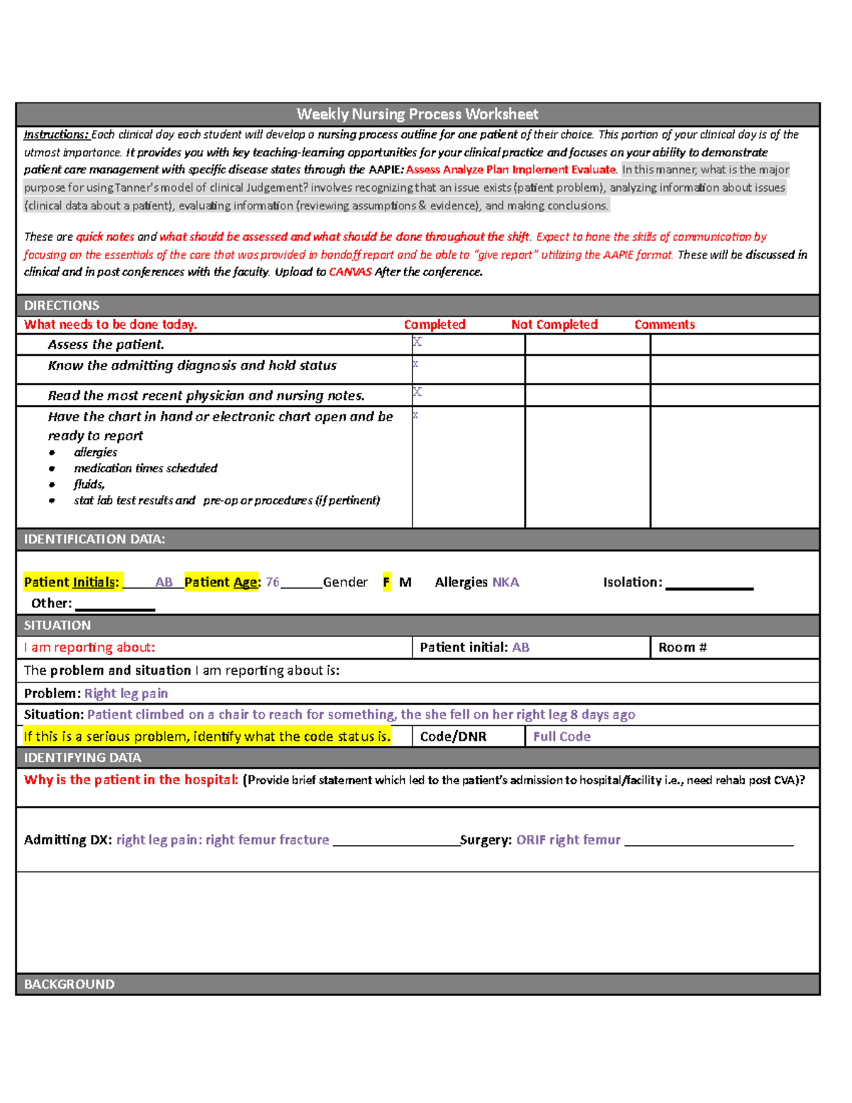 NURS 101L - Nursing Process Worksheet-3 +4 - NURS101L - WCU - Studocu