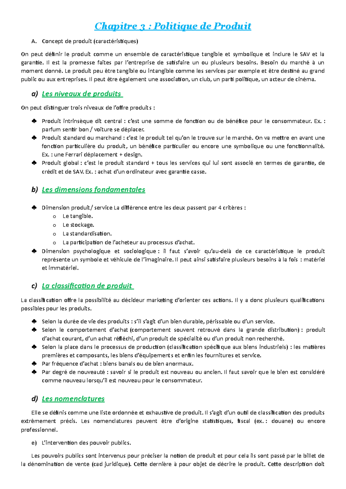 Chapitre 3 - Notes de cours 3 - Chapitre 3 : Politique de Produit A ...