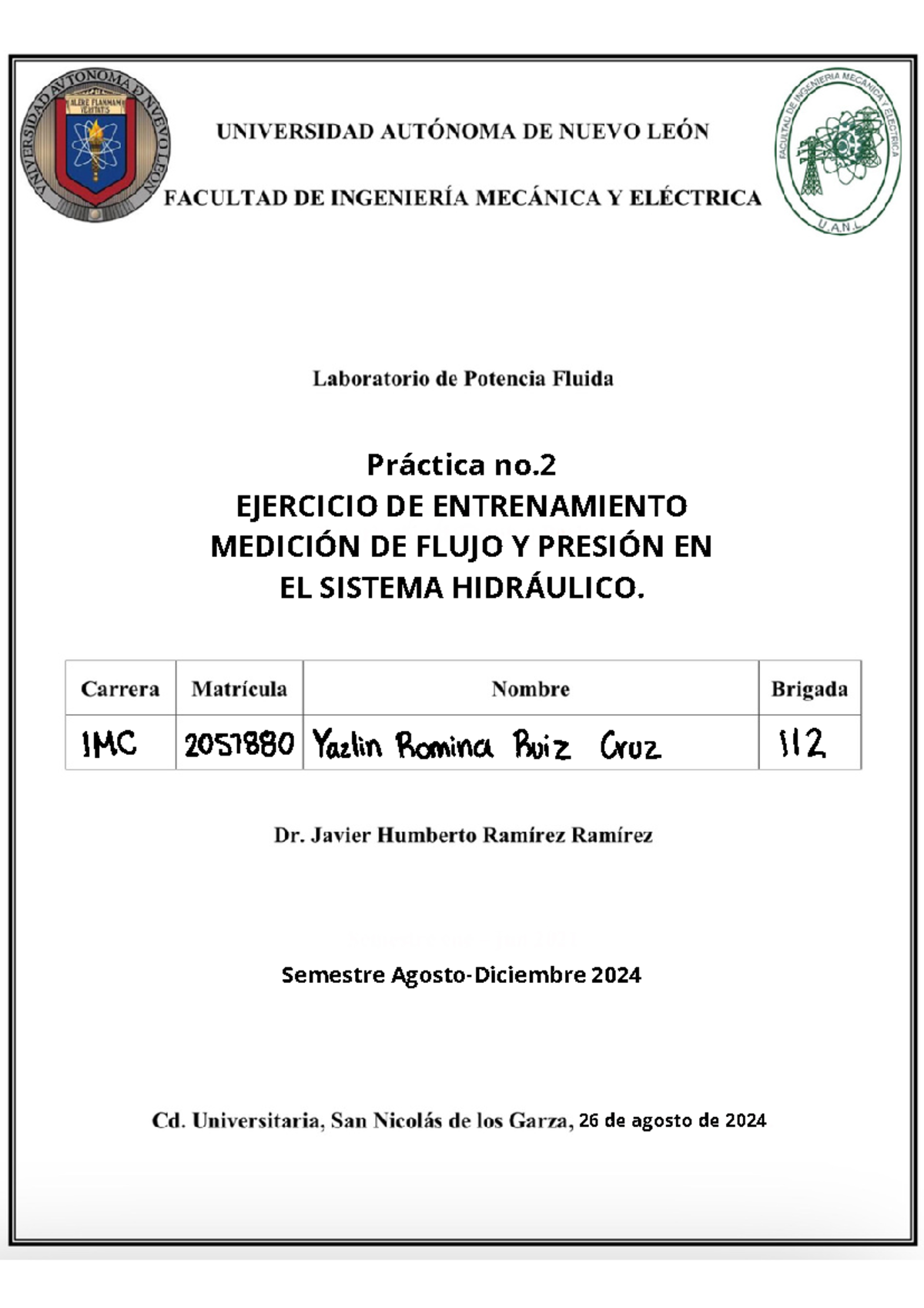 Práctica 2 Lab Potencia - Potencia Fluida - Práctica no. EJERCICIO DE ENTRENAMIENTO MEDICIÓN DE ...