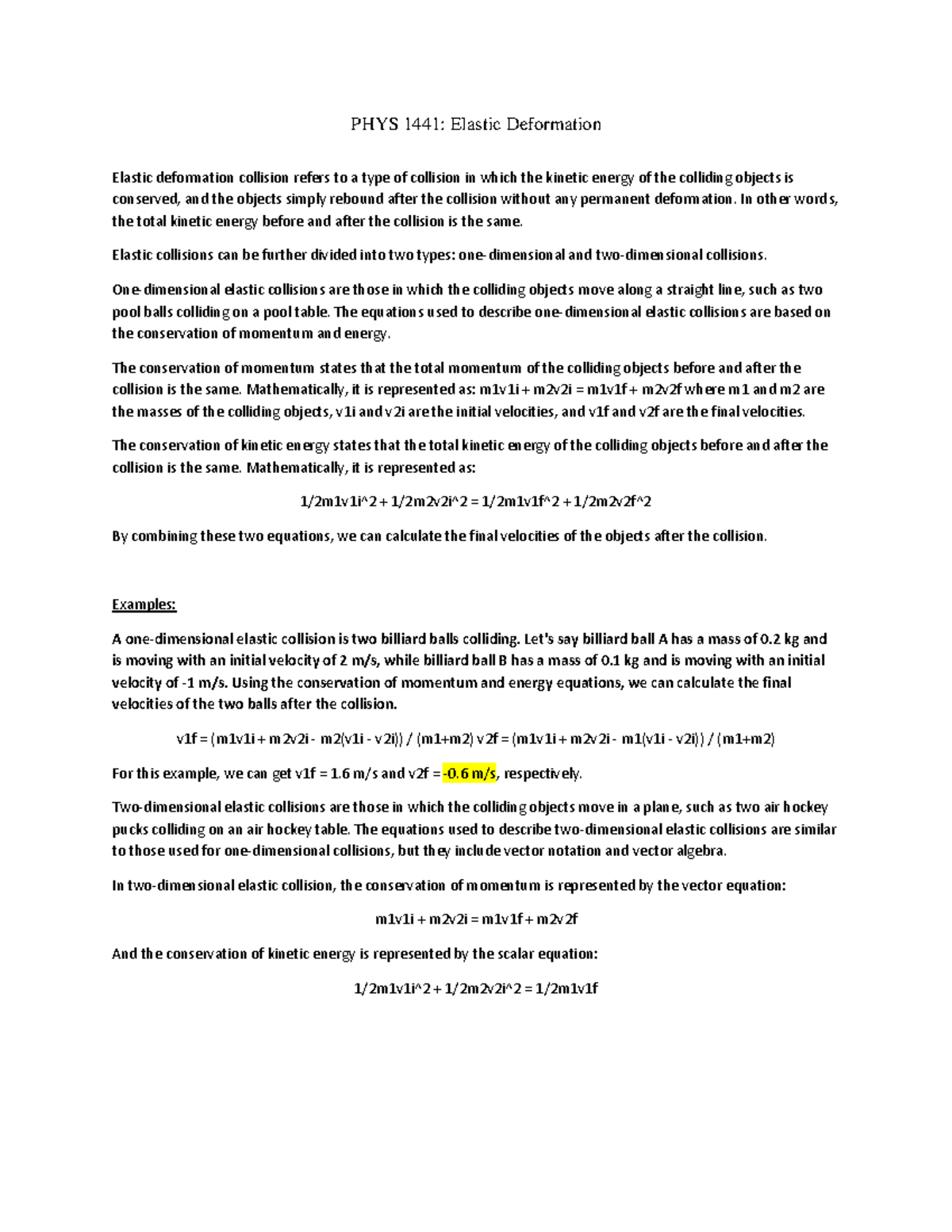 Deformation: Elastic Deformation and collision - PHYS 1441: Elastic ...