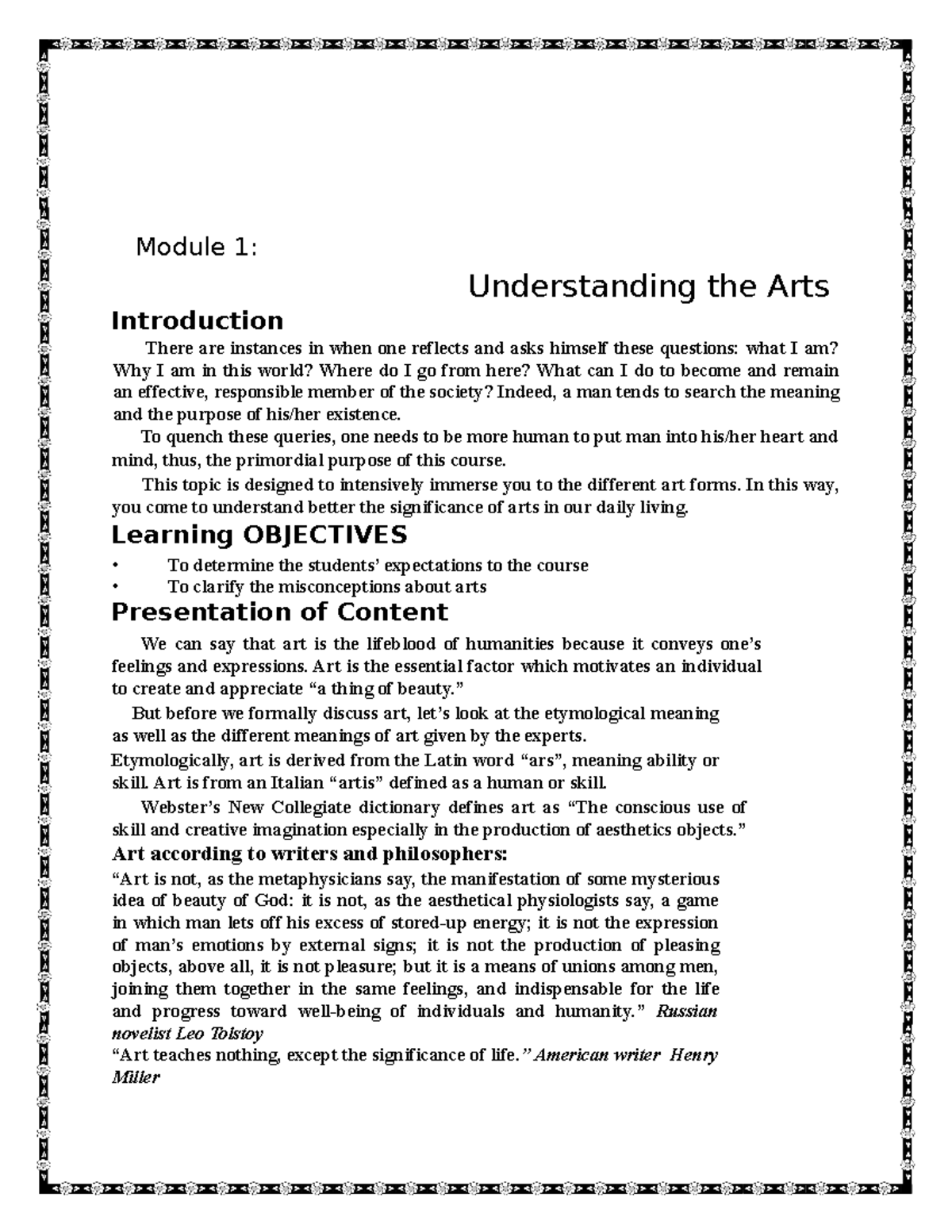 Module 1 -Art Appreciation First Semester - Module 1: Understanding the ...