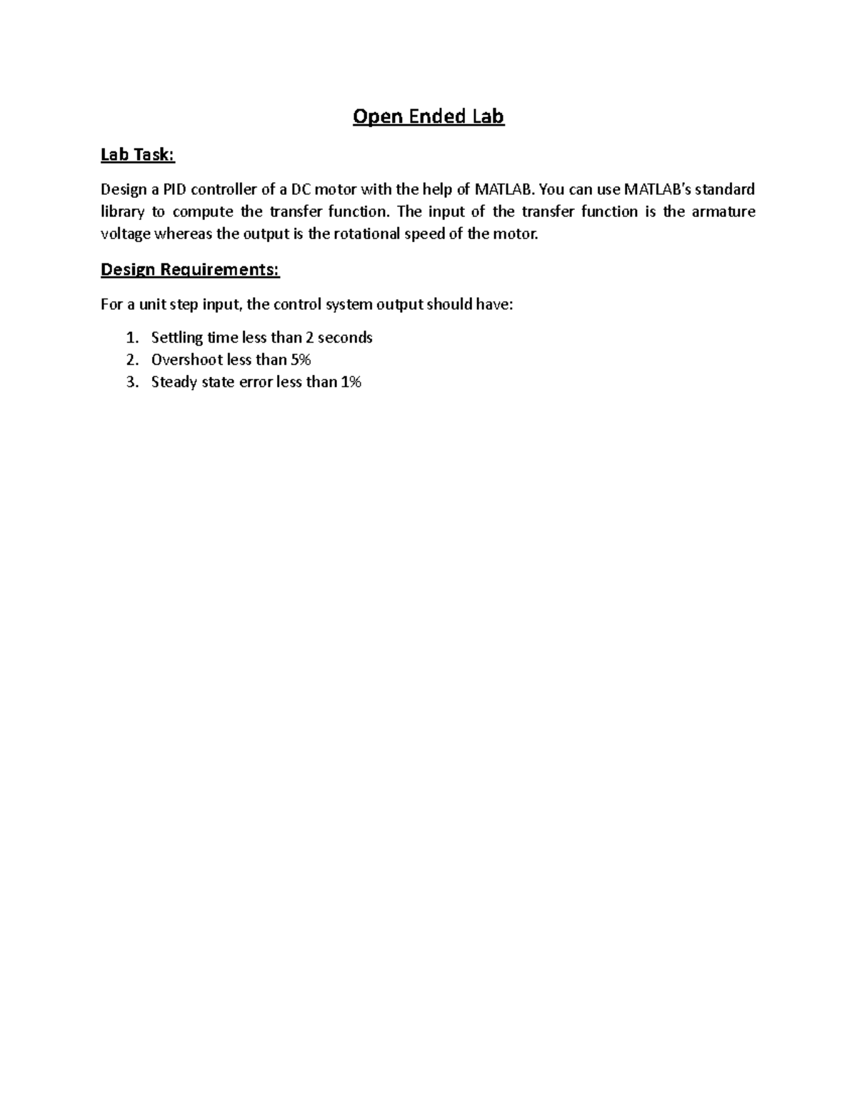 Open Ended Lab - Open Ended Lab Lab Task: Design a PID controller of a ...