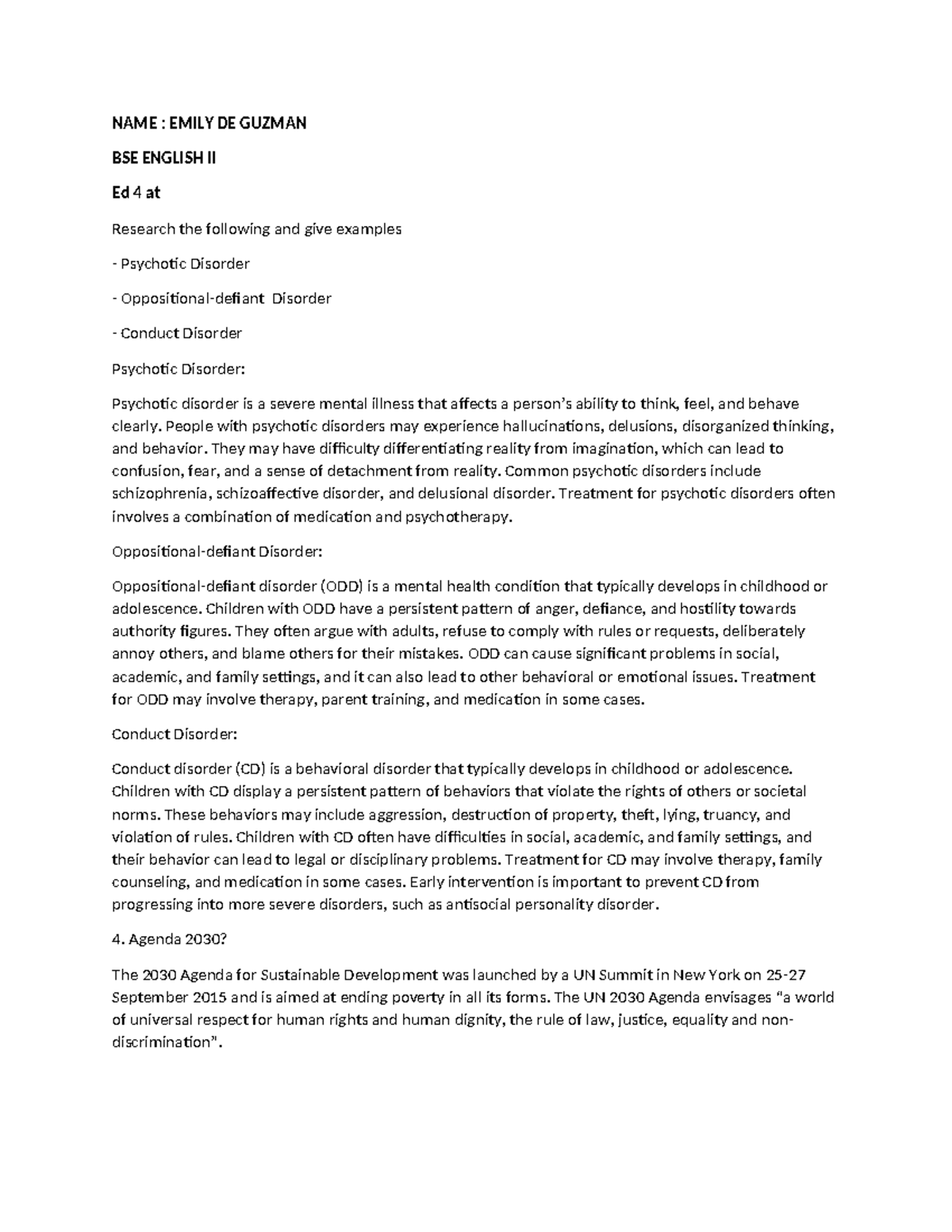 Psychological disorder - NAME : EMILY DE GUZMAN BSE ENGLISH II Ed 4 at ...