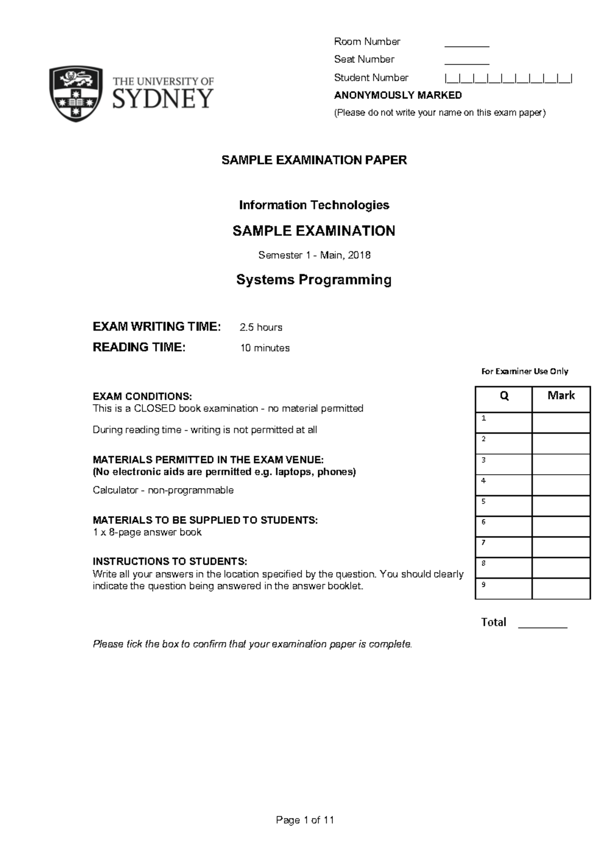 Sample examination - Warning: TT: undefined function: 32 Page 1 of 11 SAMPLE EXAMINATION PAPER ...