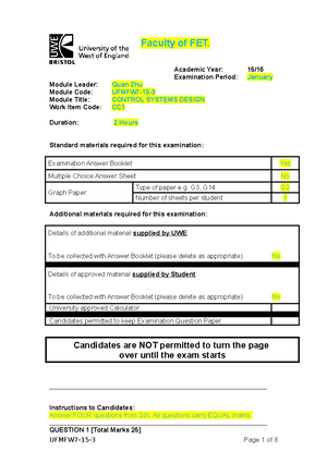 Cw Ufmfw 7-15-3 - Control System Design - MODULAR PROGRAMME COURSEWORK ASSESSMENT SPECIFICATION ...