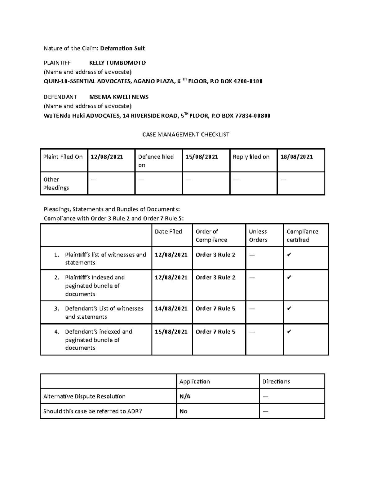 CASE Management Checklist - Nature of the Claim: Defamation Suit ...
