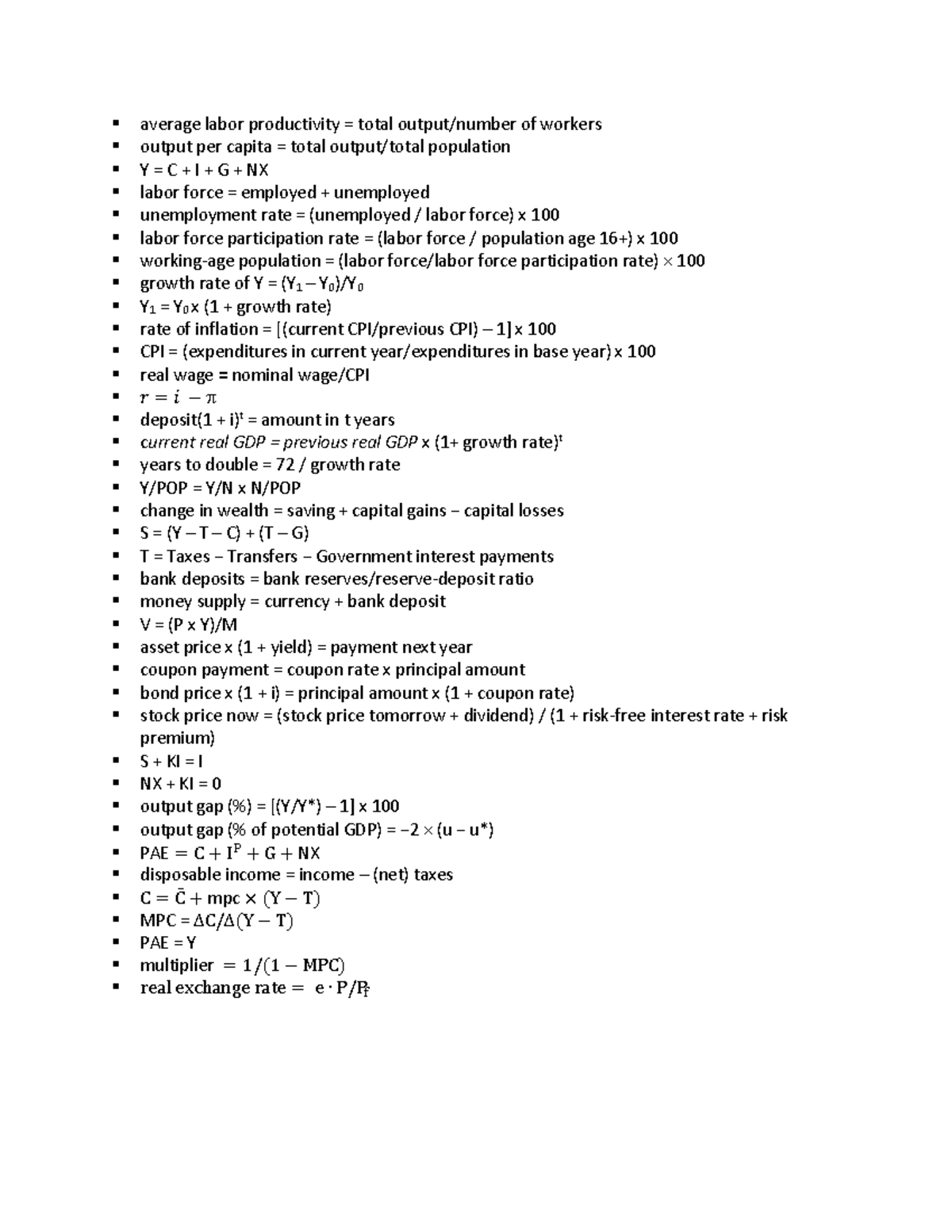 Formula - cheat sheet - average labor productivity = total output ...