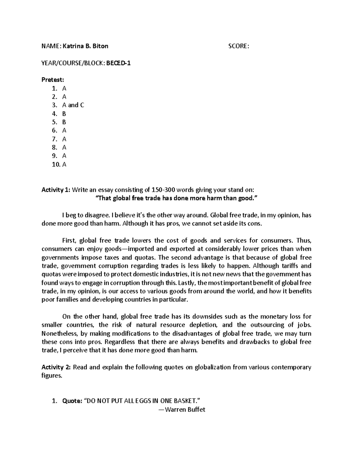BECED 1_The Global Economy Activity - NAME: Katrina B. Biton SCORE ...