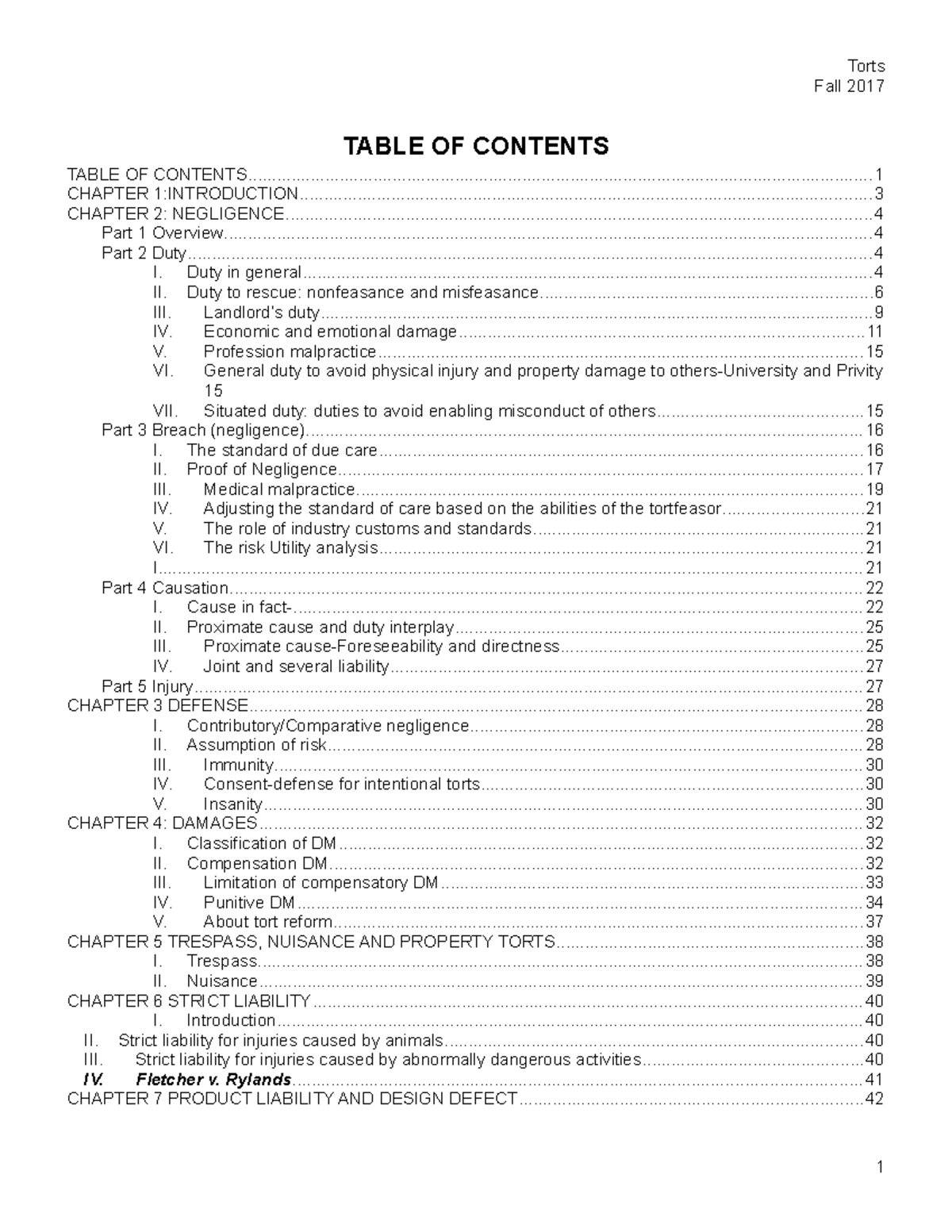 Torts - zipursky 2017 - TABLE OF CONTENTS - Fall TABLE OF - Studocu