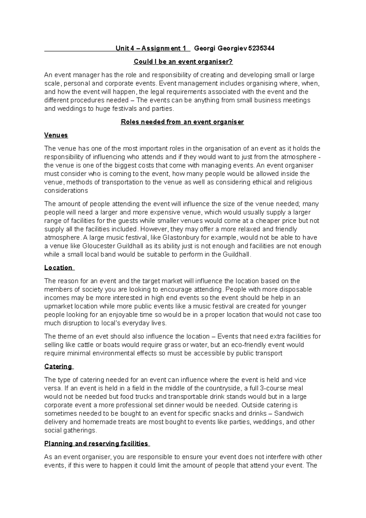 Assignment 1 P1 and P2- event managemen - Unit 4 – Assignment 1 Georgi ...