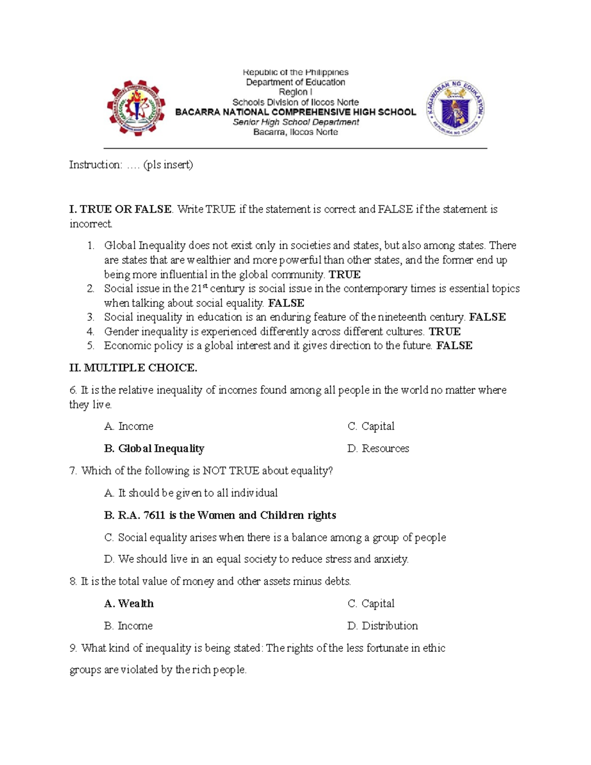 UCSP Assessment Module 4 - Instruction: .... (pls insert) I. TRUE OR ...