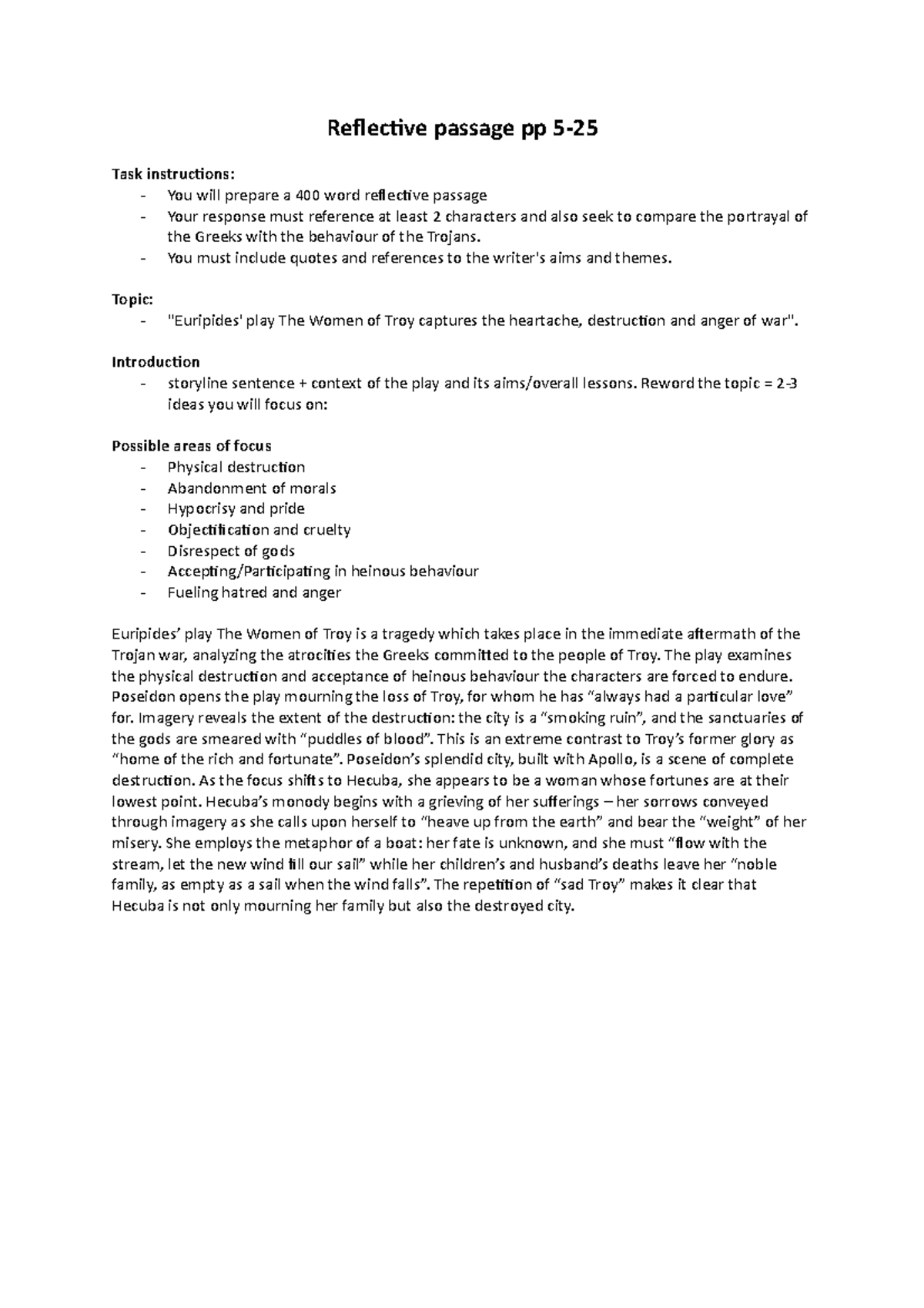 Women of Troy Passage - Reflective passage pp 5- Task instructions ...