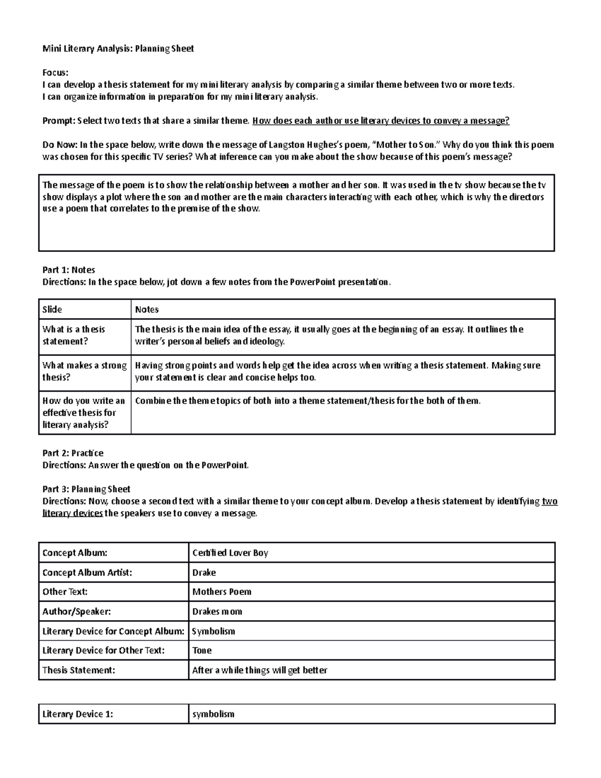 Mini Lit Analysis Planning bb - Mini Literary Analysis: Planning Sheet ...