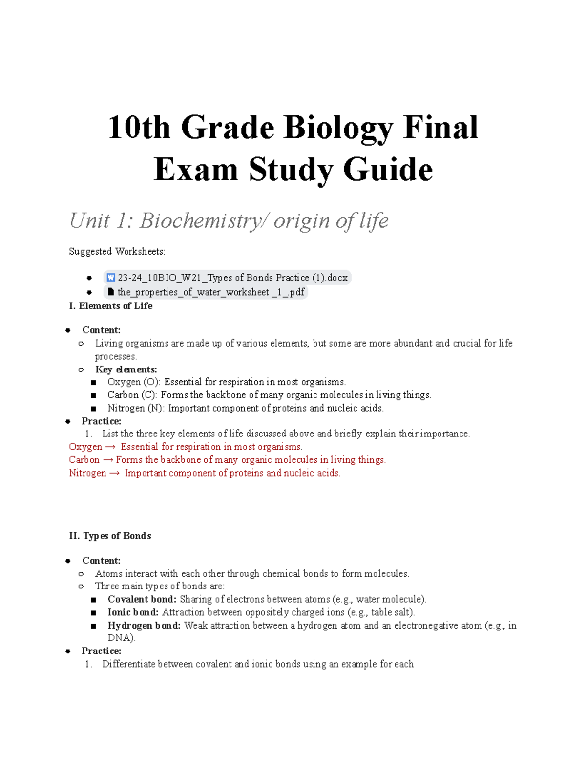grade 10 basics to biology - 10th Grade Biology Final Exam Study Guide ...