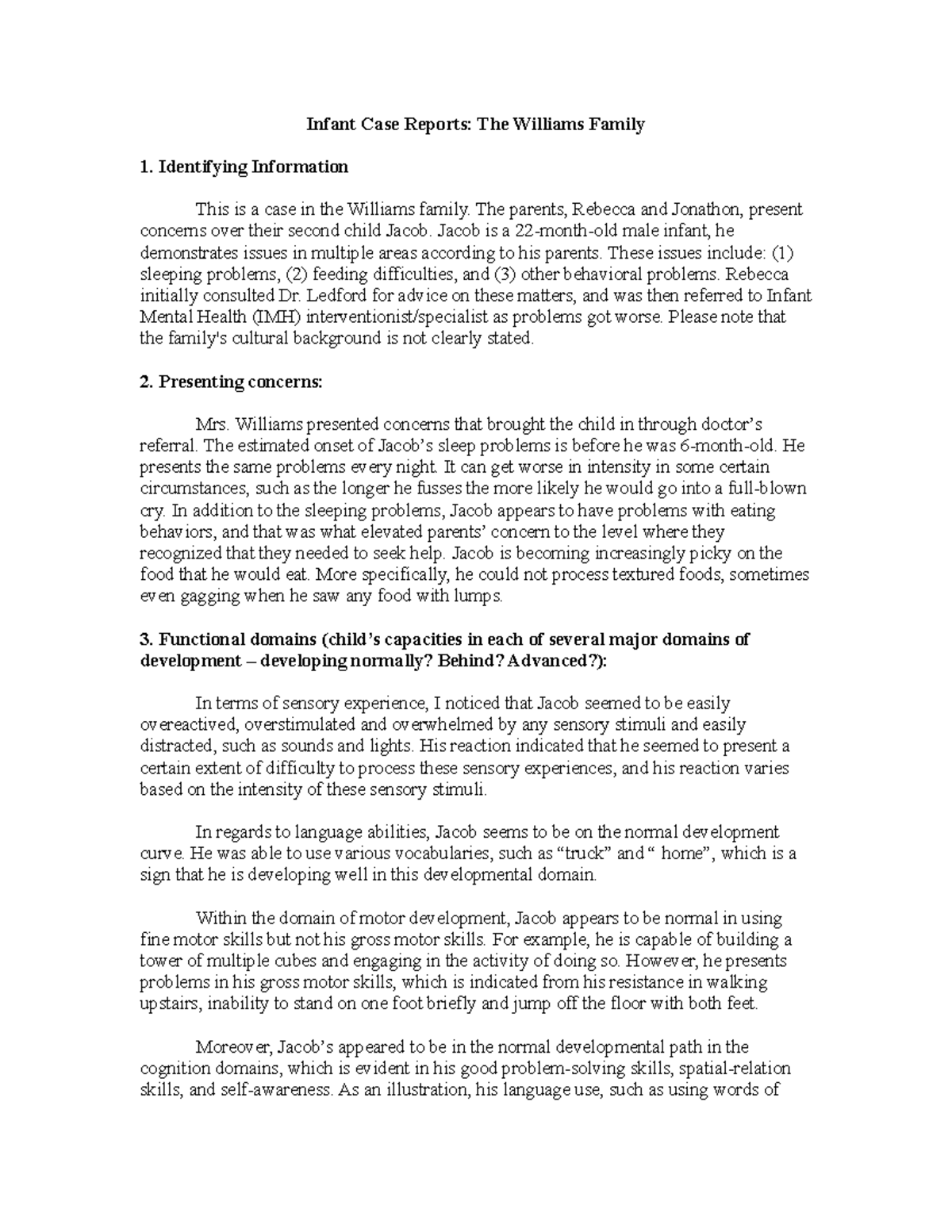 Psych 139 - Infant Case Report - Infant Case Reports: The Williams ...