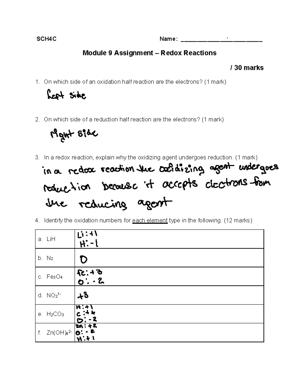 Module 9 Assignment 2 - SCH4C Name: _________________________ Module 9 Assignment – Redox ...