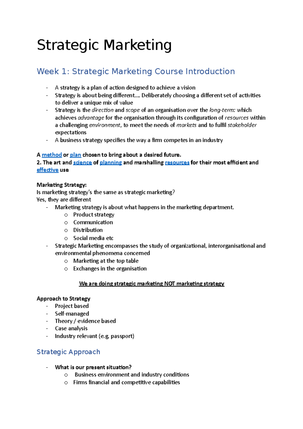 Strategic Marketing notes - Strategic Marketing Week 1: Strategic ...