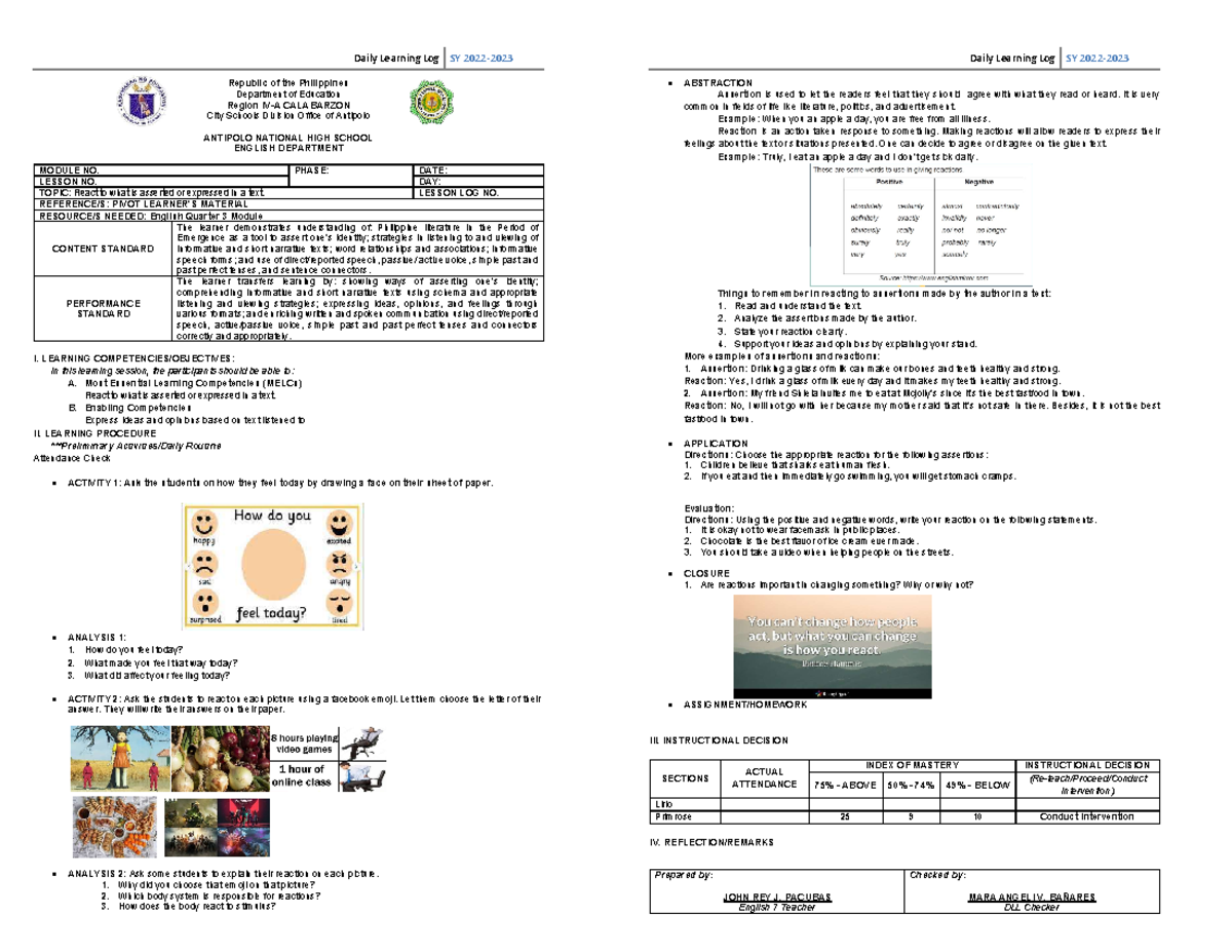 LP with index of mastery - Daily Learning Log SY 2022- Republic of the ...
