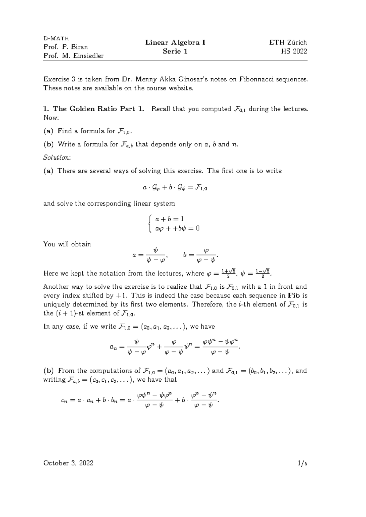 LAI-sols01-en - Linear Algebra - Prof. P. Biran Prof. M. Einsiedler Linear Algebra I Serie 1 ETH ...