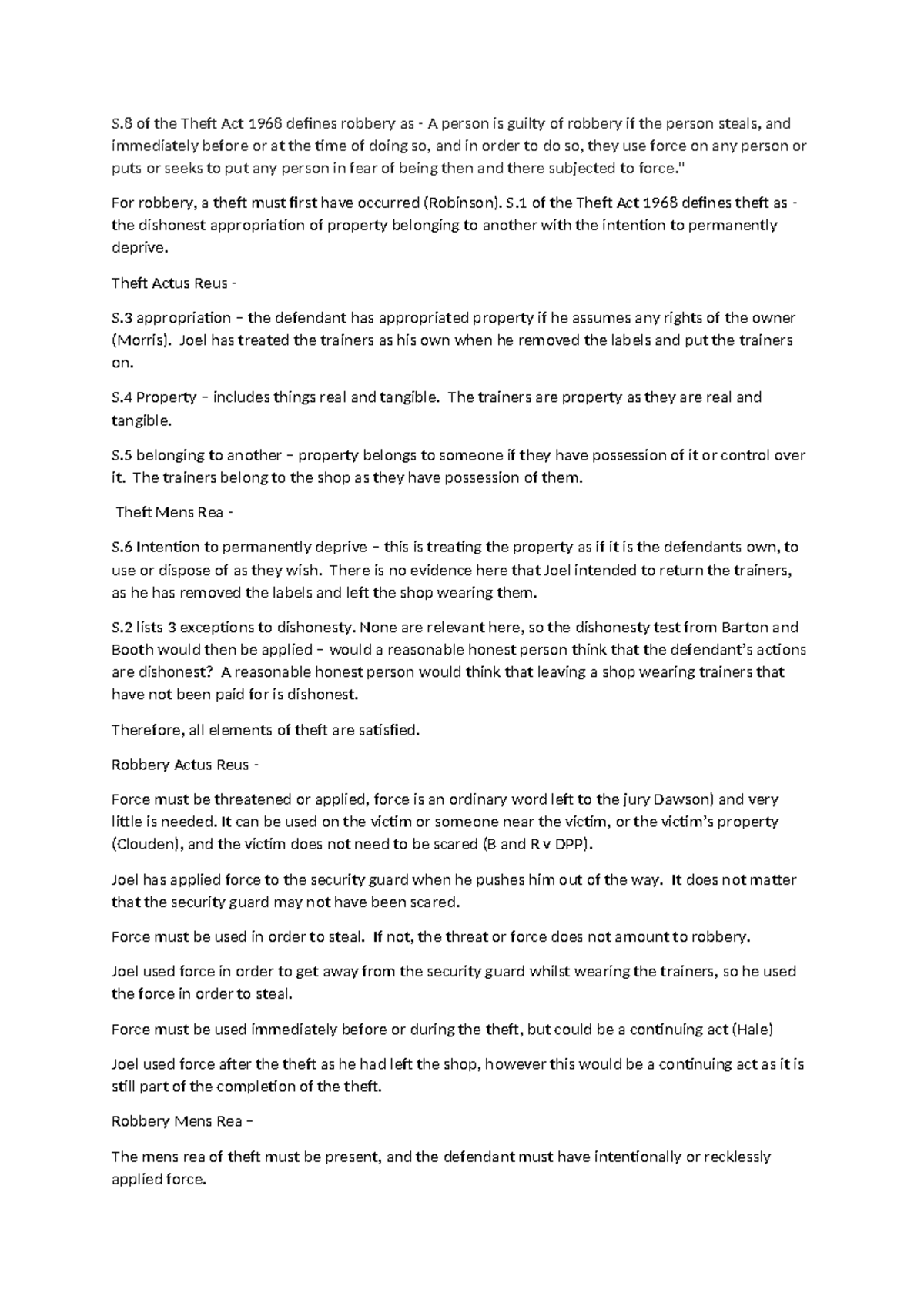 Robbery model answer - S of the Theft Act 1968 defines robbery as - A ...