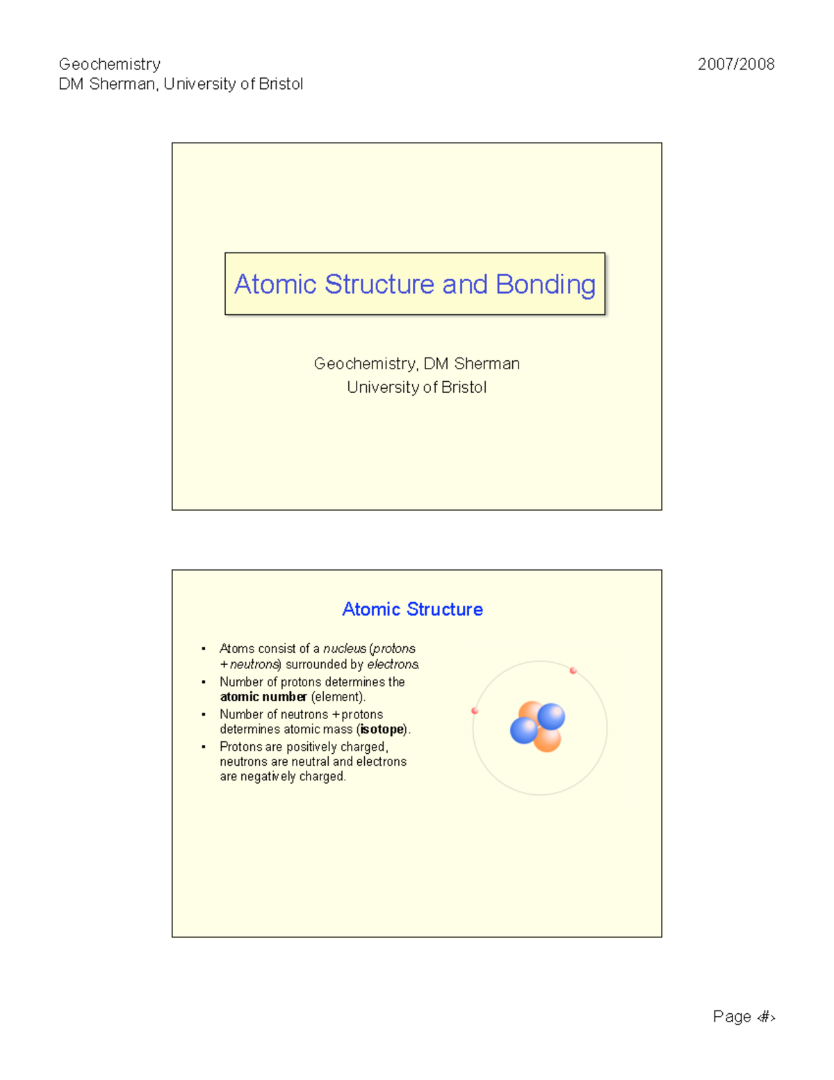 Lecture notes, lecture Atomic Structure - Geochemistry DM Sherman ...