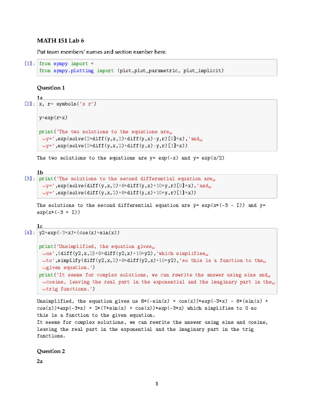 Lab6 151 22CSoln - Lab sol - MATH 151 Lab 6 Put team members’ names and ...