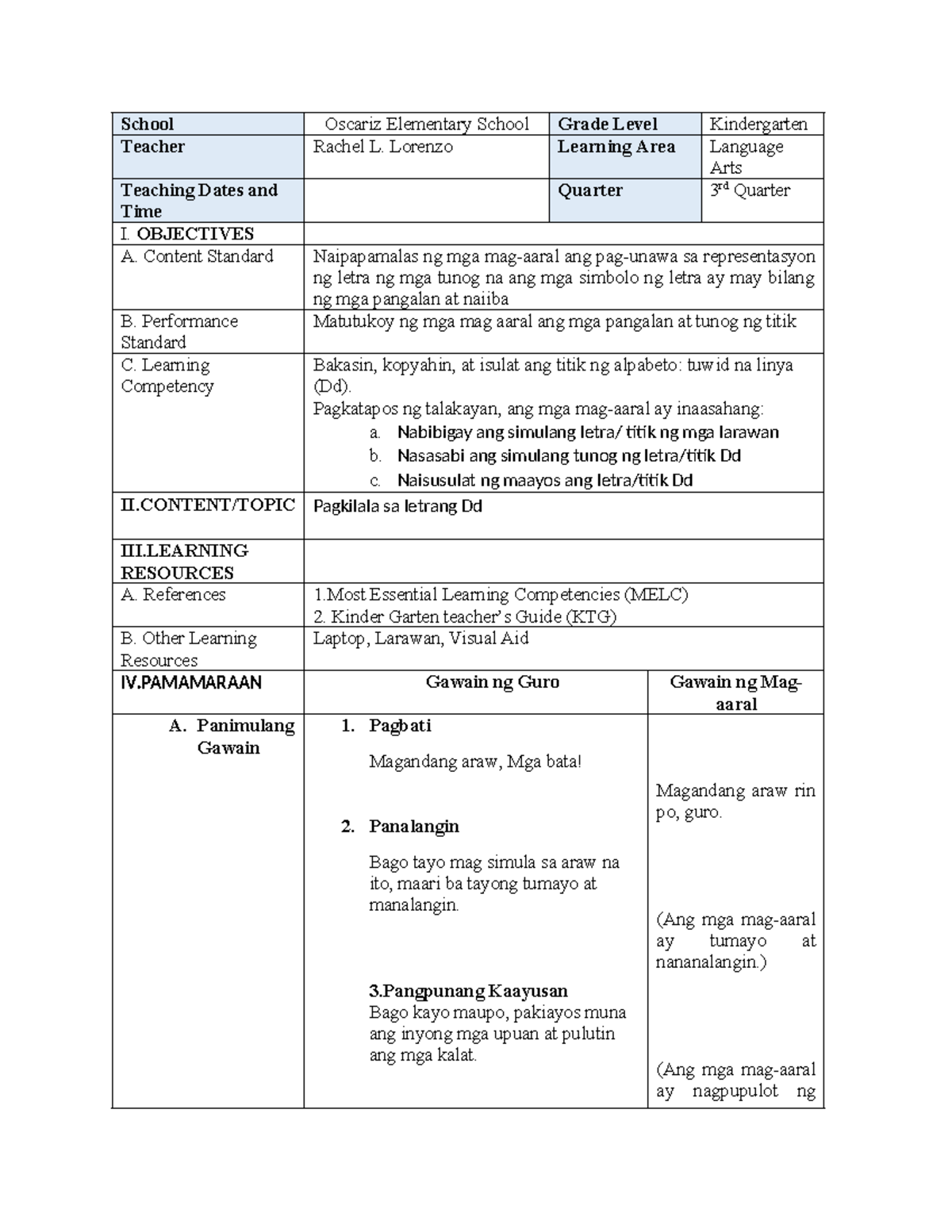 DLP- letrang Dd - MNSBDJHGE - School Oscariz Elementary School Grade ...