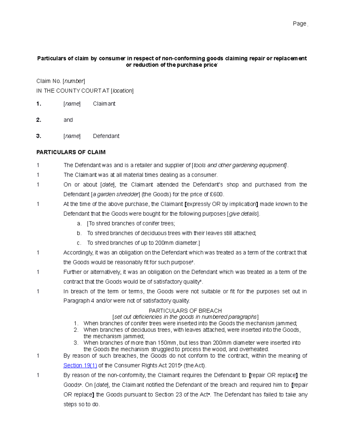 Particulars of Claim for Consumer Goods - Studocu