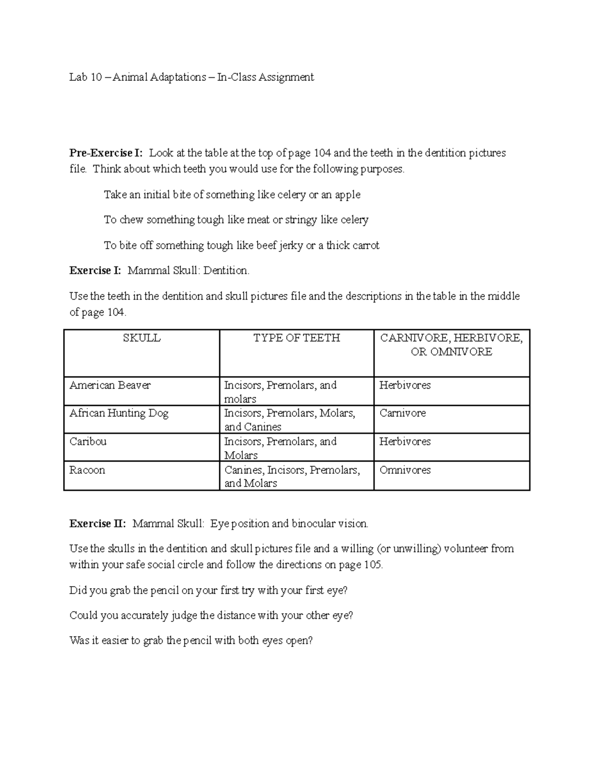 Biology 1020 Lab 10 In-Class Assignment - Lab 10 – Animal Adaptations ...