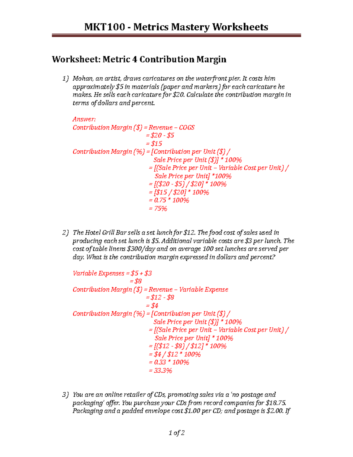 Metrics 4 Metrics Mastery Worksheets - with answers 1 - CMKT100 ...