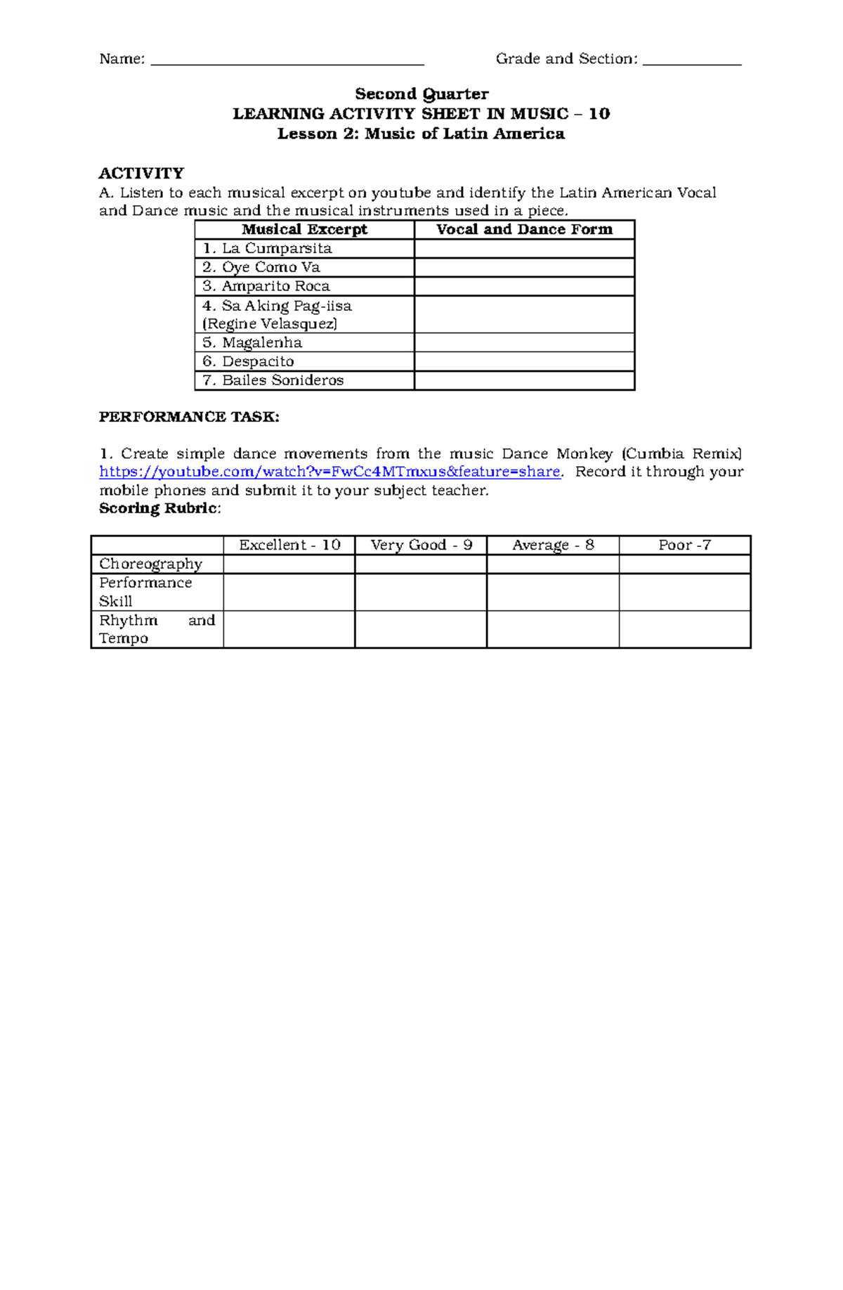 Music of Latin America Learning Sheet - Name ...