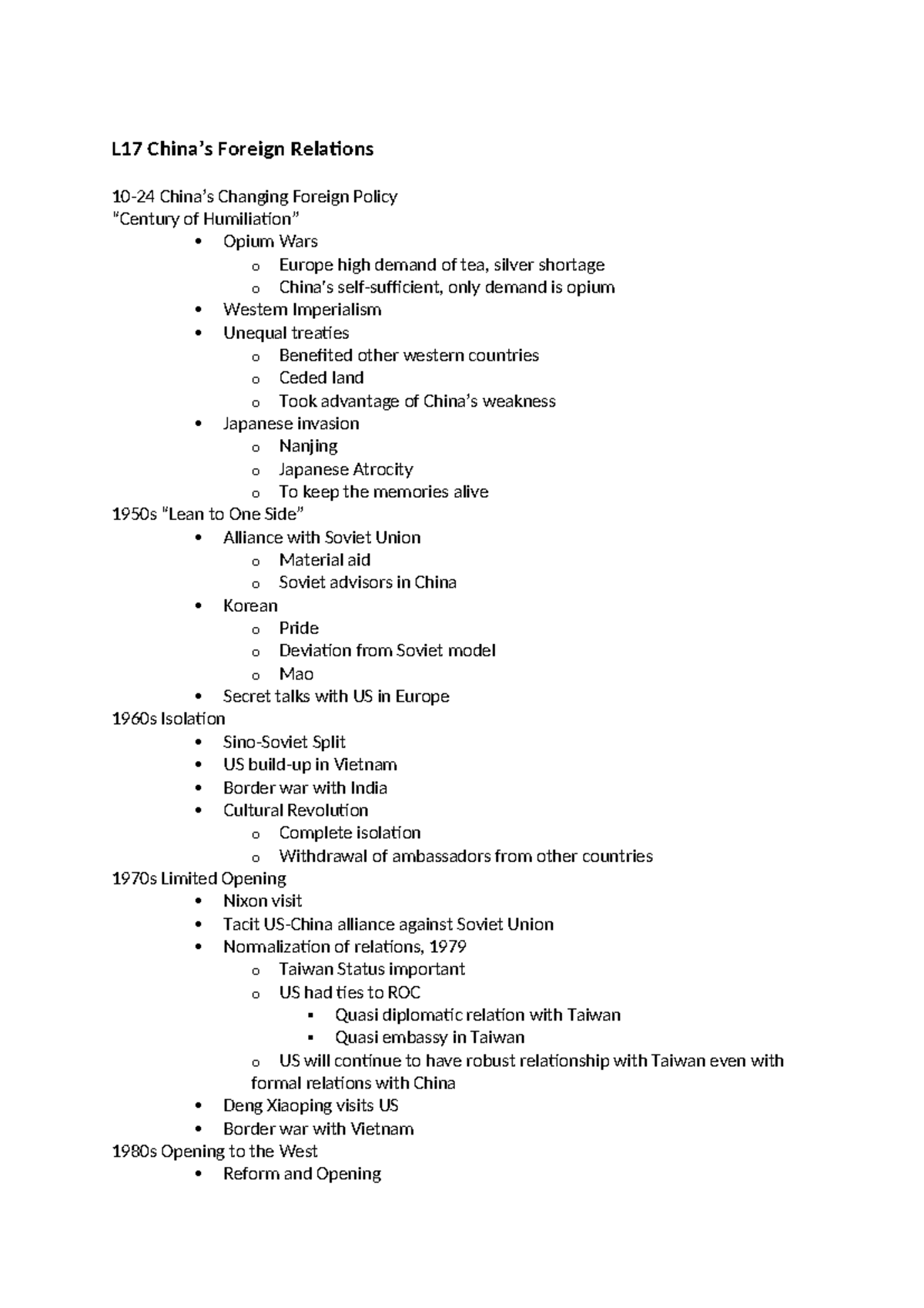 Psc 2371 notes - L17 China’s Foreign Relations 10-24 China’s Changing ...