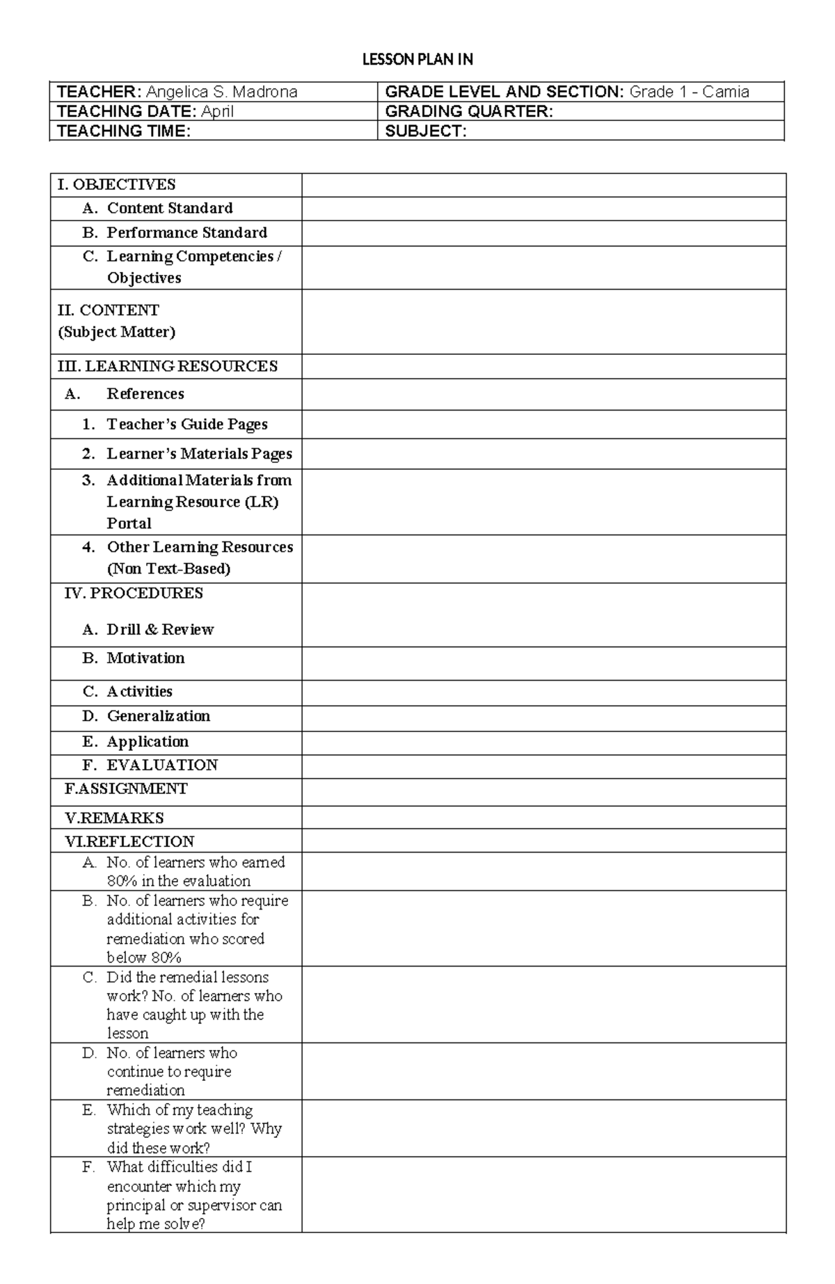 Lesson-Plan-Format - Internship - LESSON PLAN IN TEACHER: Angelica S. Madrona GRADE LEVEL AND ...