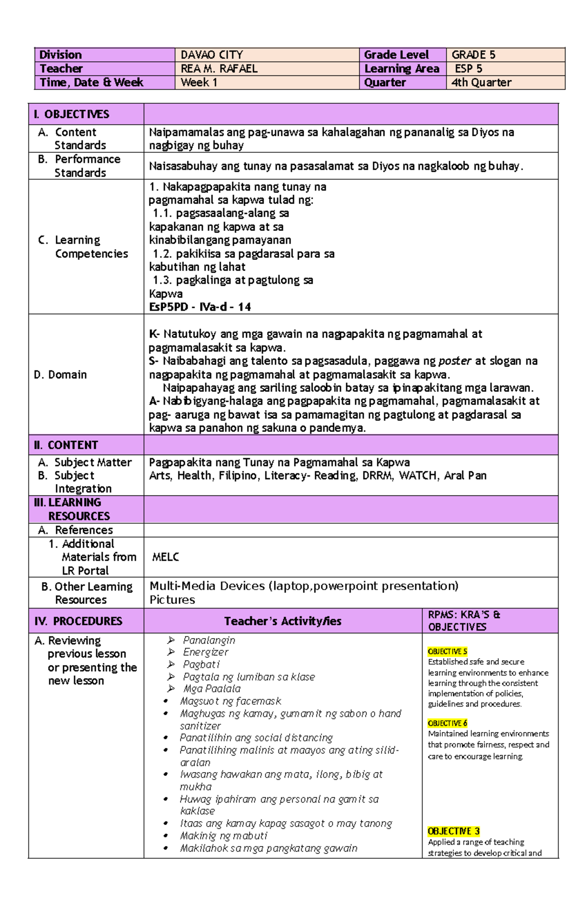 COT 4- ESP - lesspn plan - Division DAVAO CITY Grade Level GRADE 5 Teacher REA M. RAFAEL ...