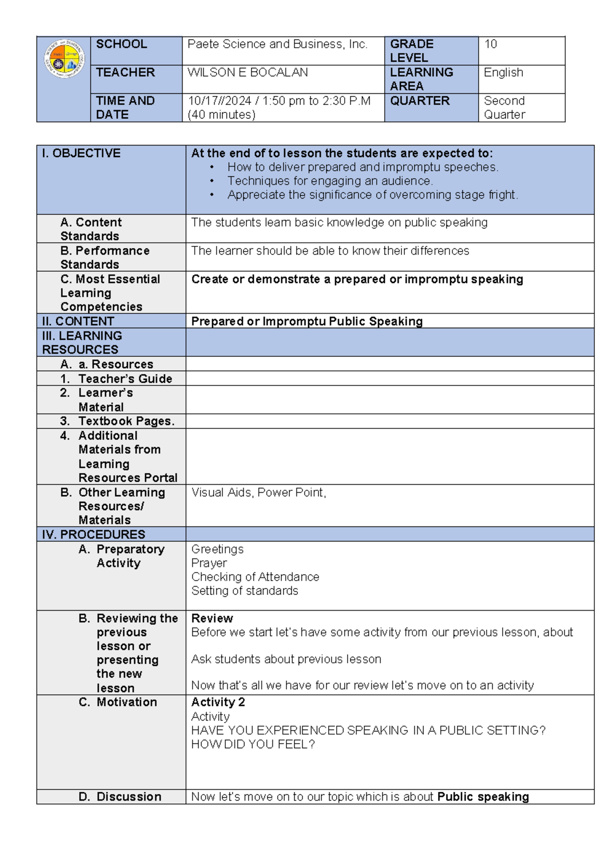 Publicspeaking LP - lessonplan - SCHOOL Paete Science and Business, Inc ...